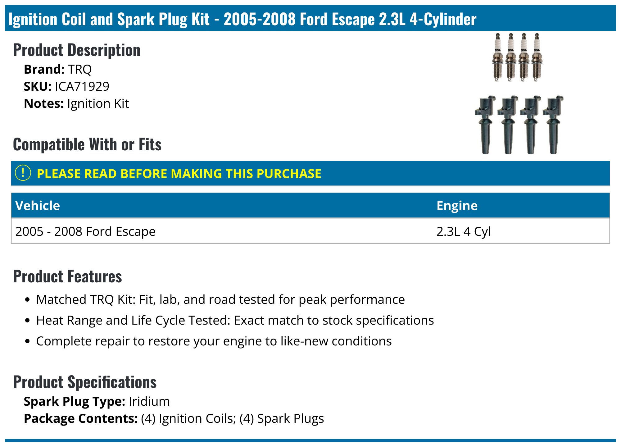 2005-2008 Ford Escape Ignition Coil - TRQ ICA71929 - PartsGeek.com
