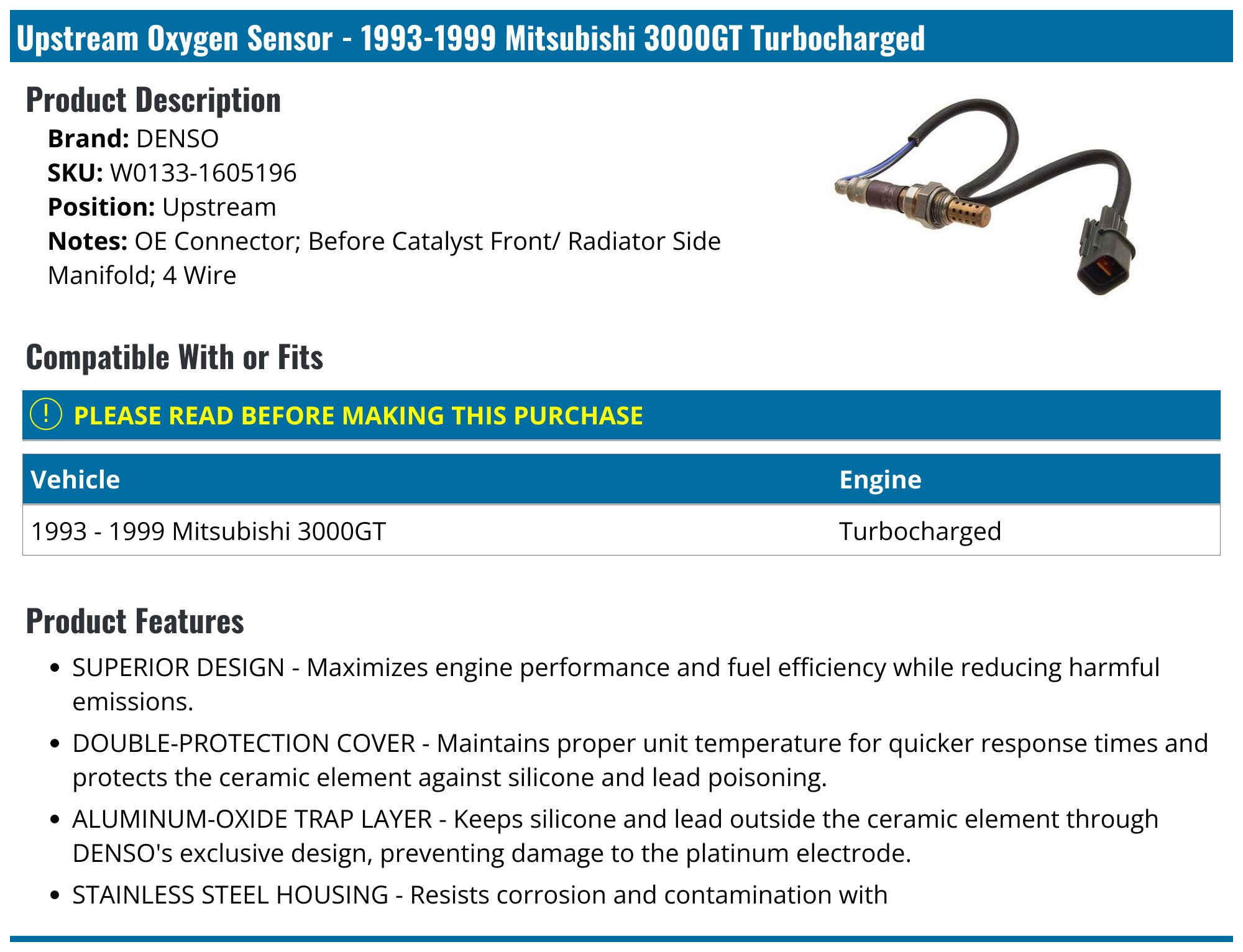 1993-1999 Mitsubishi 3000GT Oxygen Sensor - Denso W0133-1605196 ...