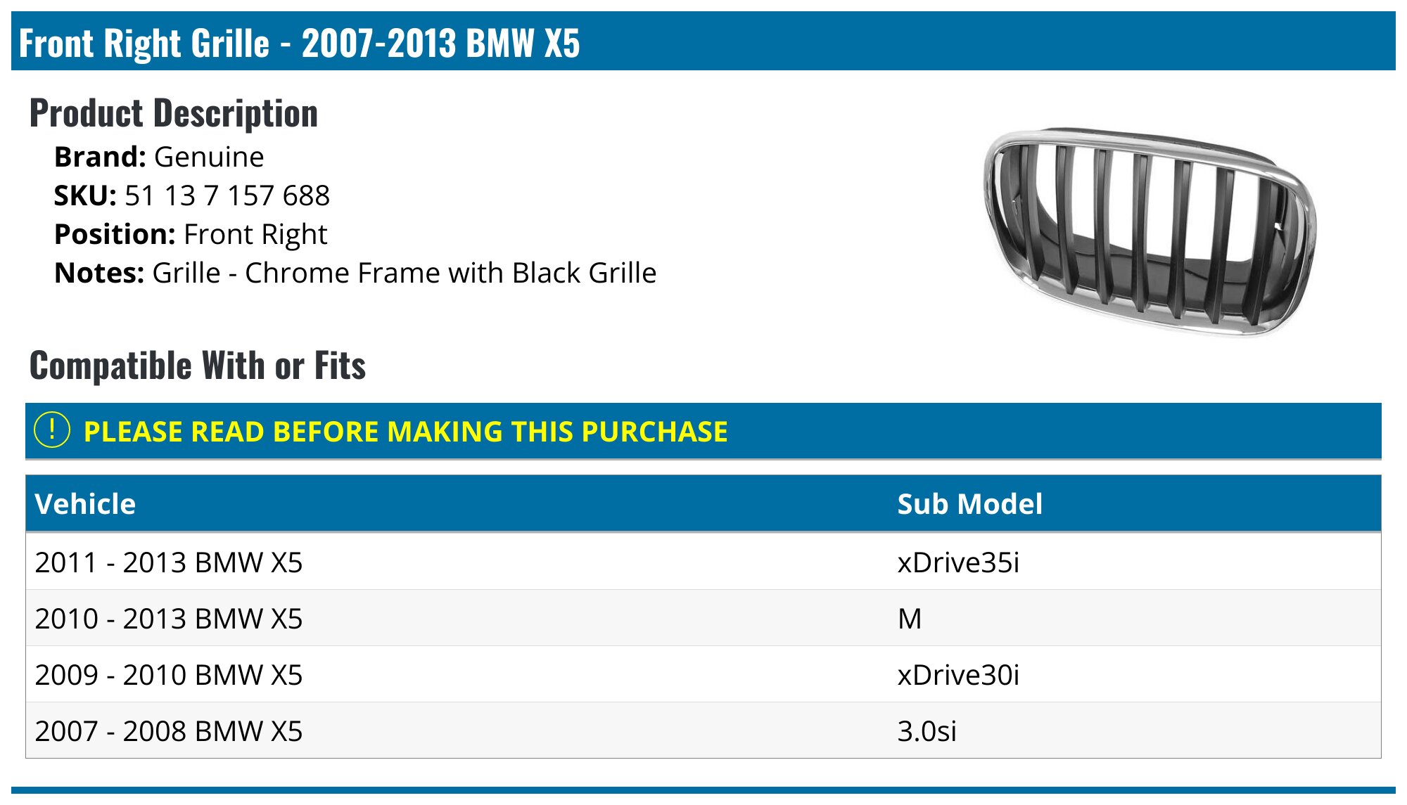 2007-2013 BMW X5 Grille Assembly - Genuine 51 13 7 157 688 - Front ...