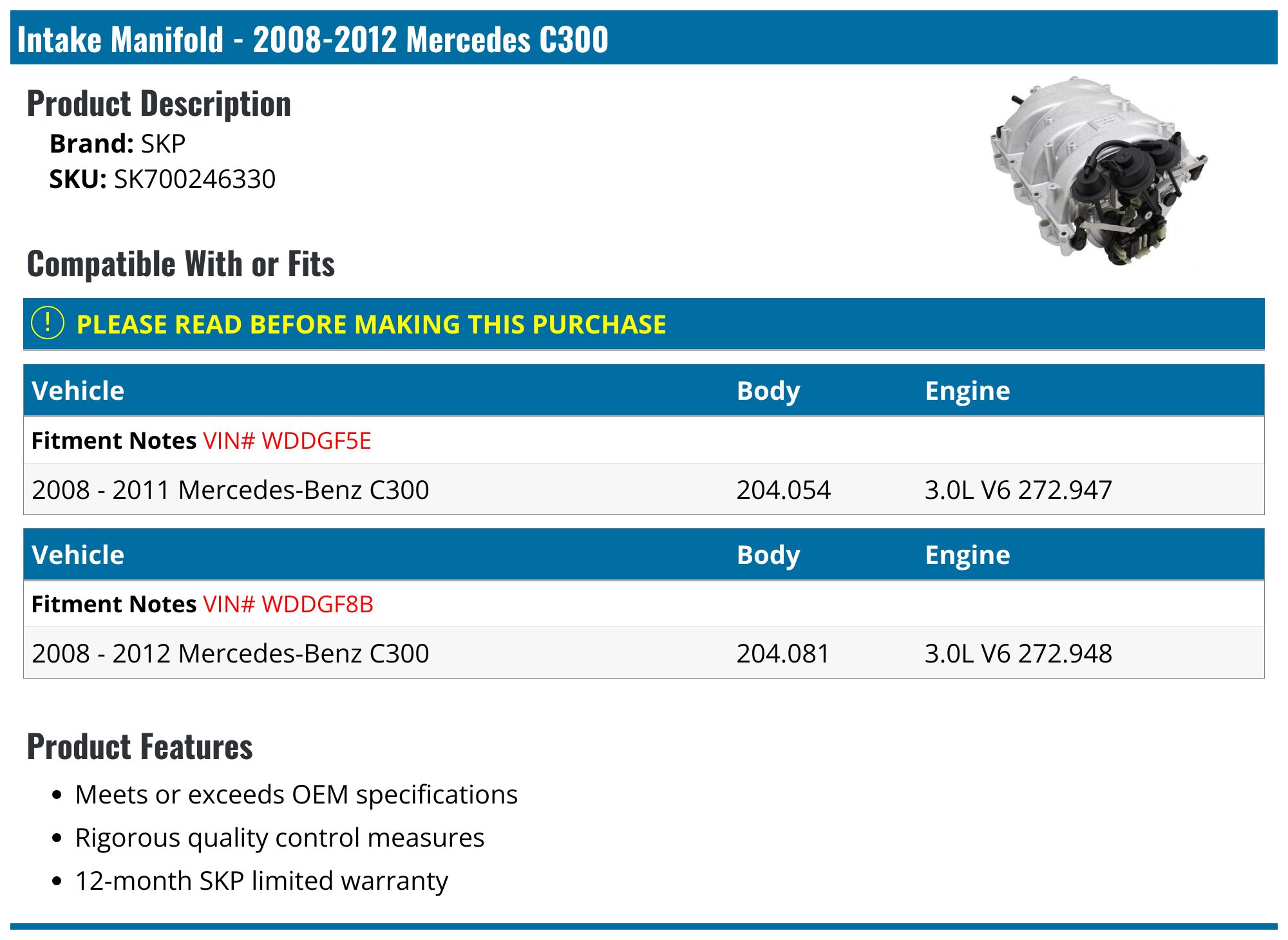 2008-2012 Mercedes C300 Intake Manifold - SKP SK700246330 - PartsGeek.com