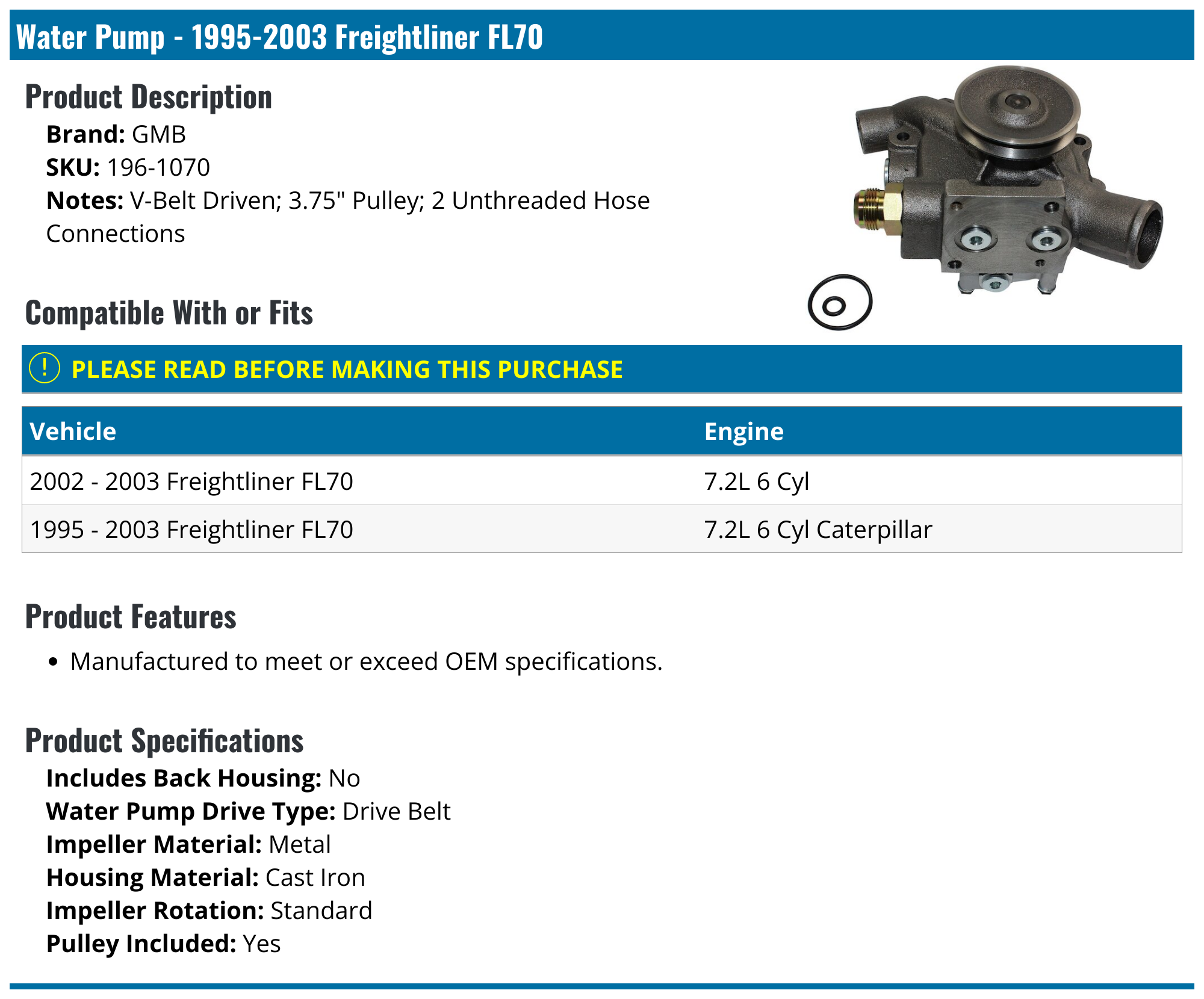 1995-2003 Freightliner FL70 Water Pump - GMB 196-1070 - PartsGeek.com