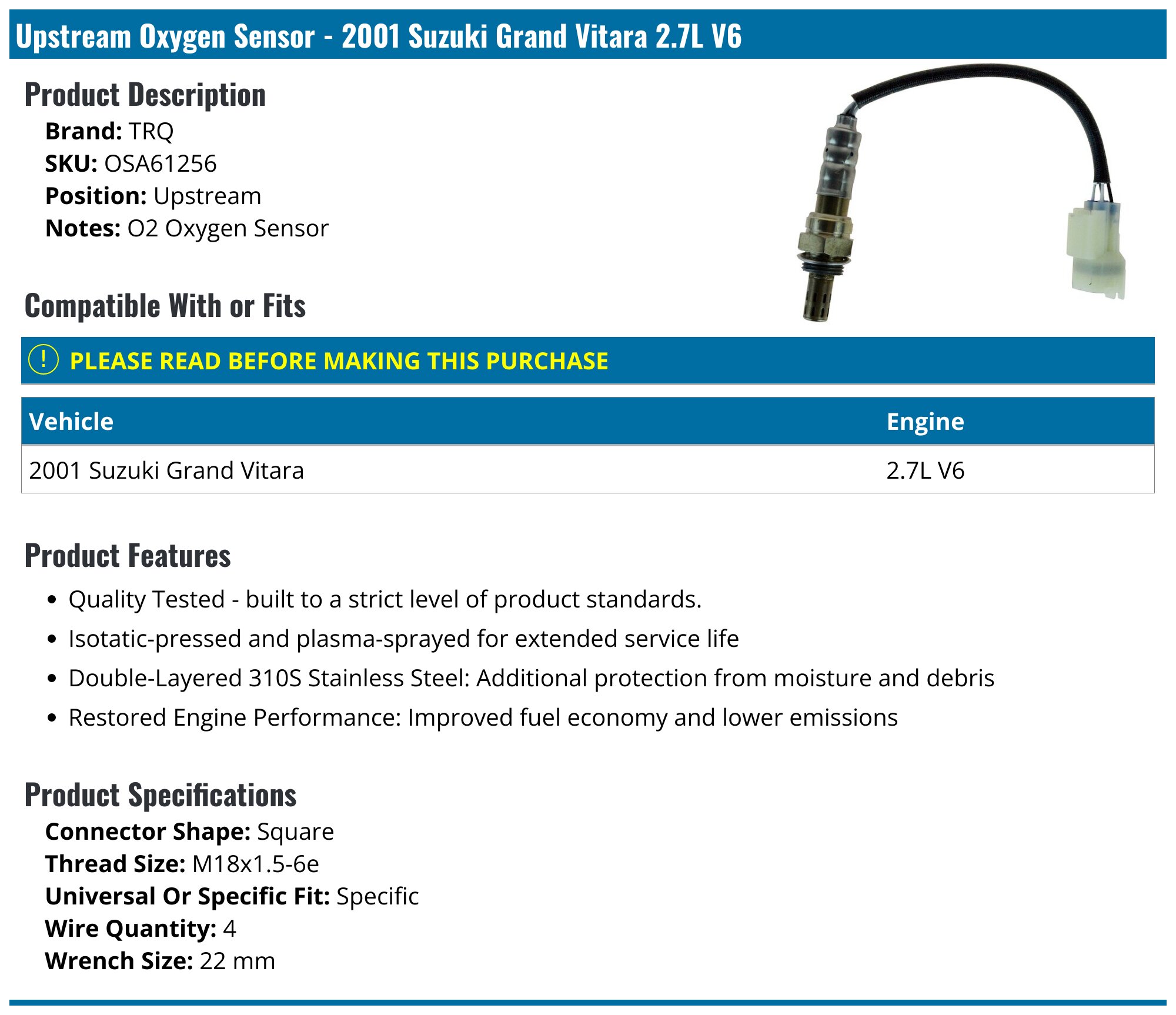 1999-2000 Suzuki Grand Vitara Oxygen Sensor - TRQ OSA61256 - Upstream ...