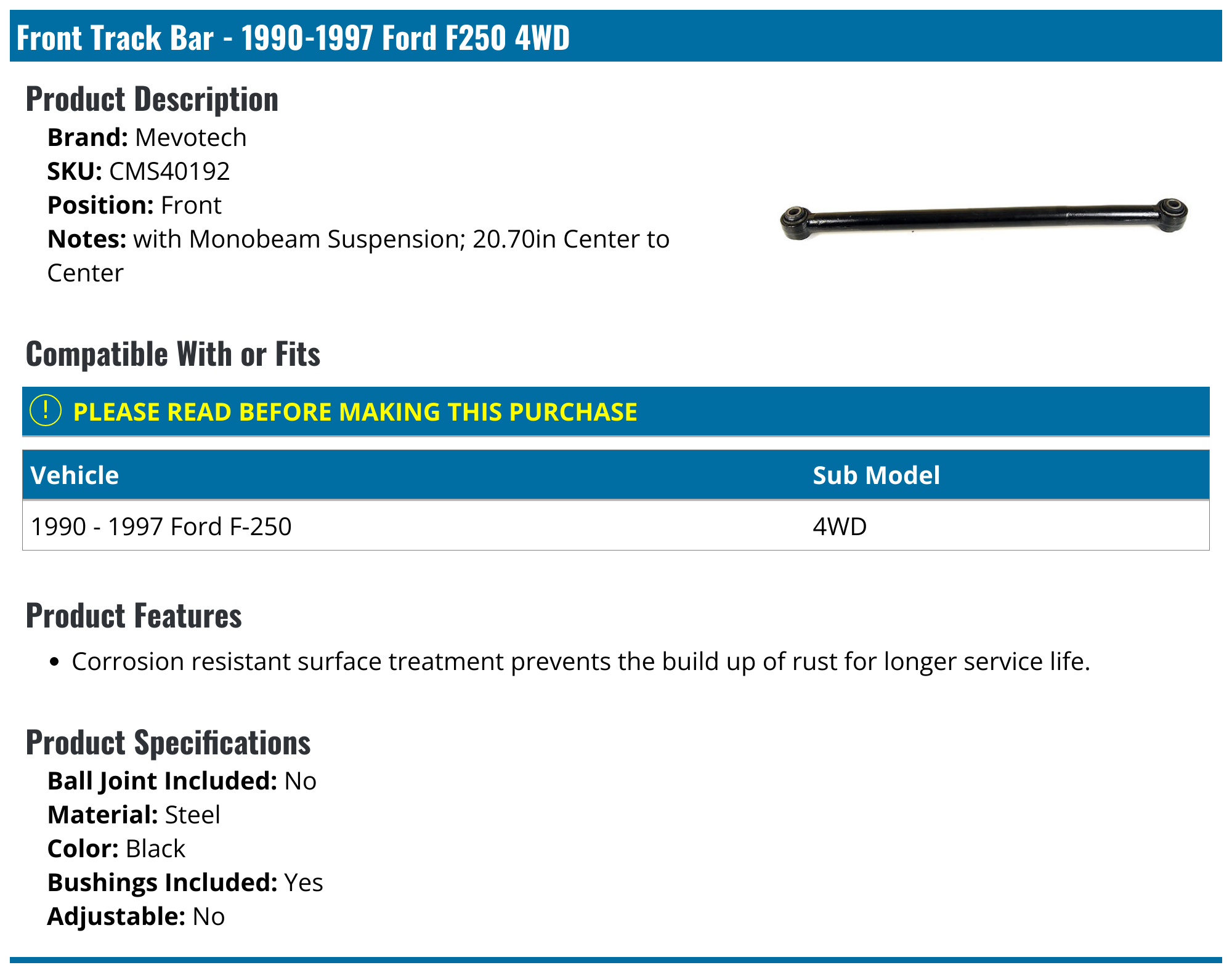 1990-1997 Ford F250 Track Bar - Mevotech CMS40192 - Front - PartsGeek.com
