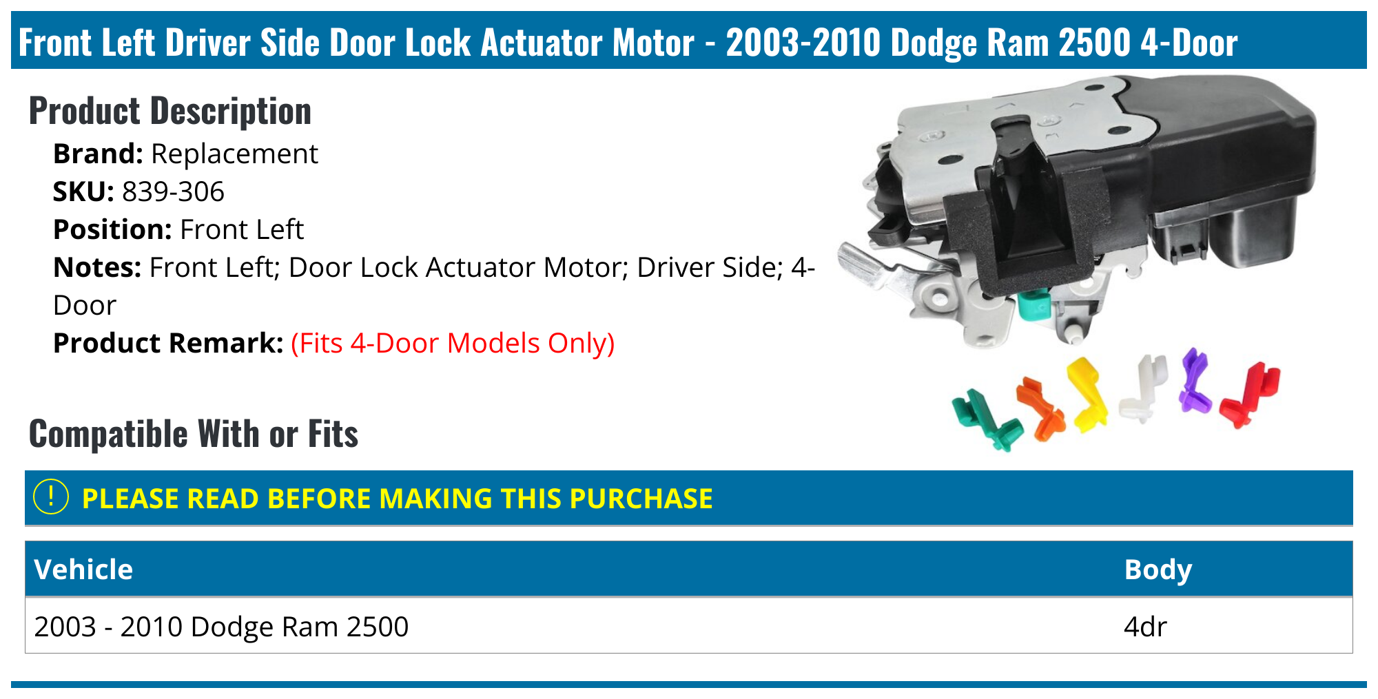 2003-2010 Dodge Ram 2500 Door Lock Actuator - Replacement 839-306 ...