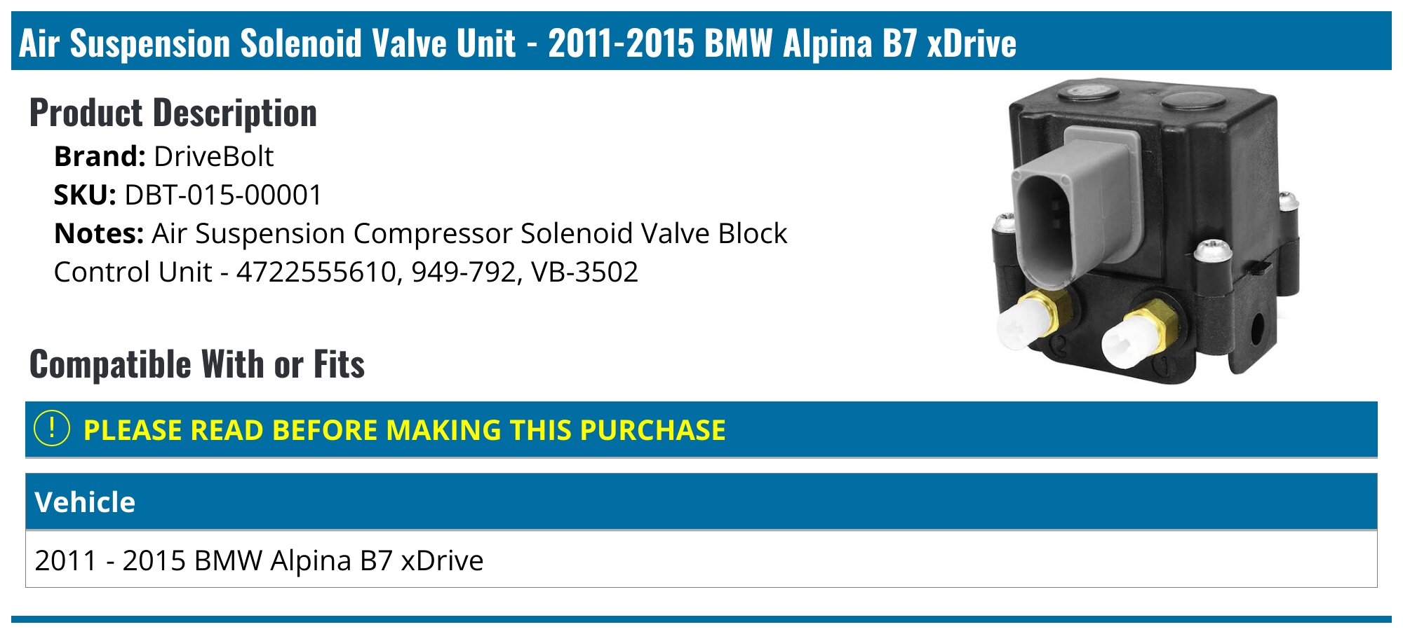 2011-2015 BMW Alpina B7 xDrive Air Suspension Solenoid Valve Unit ...