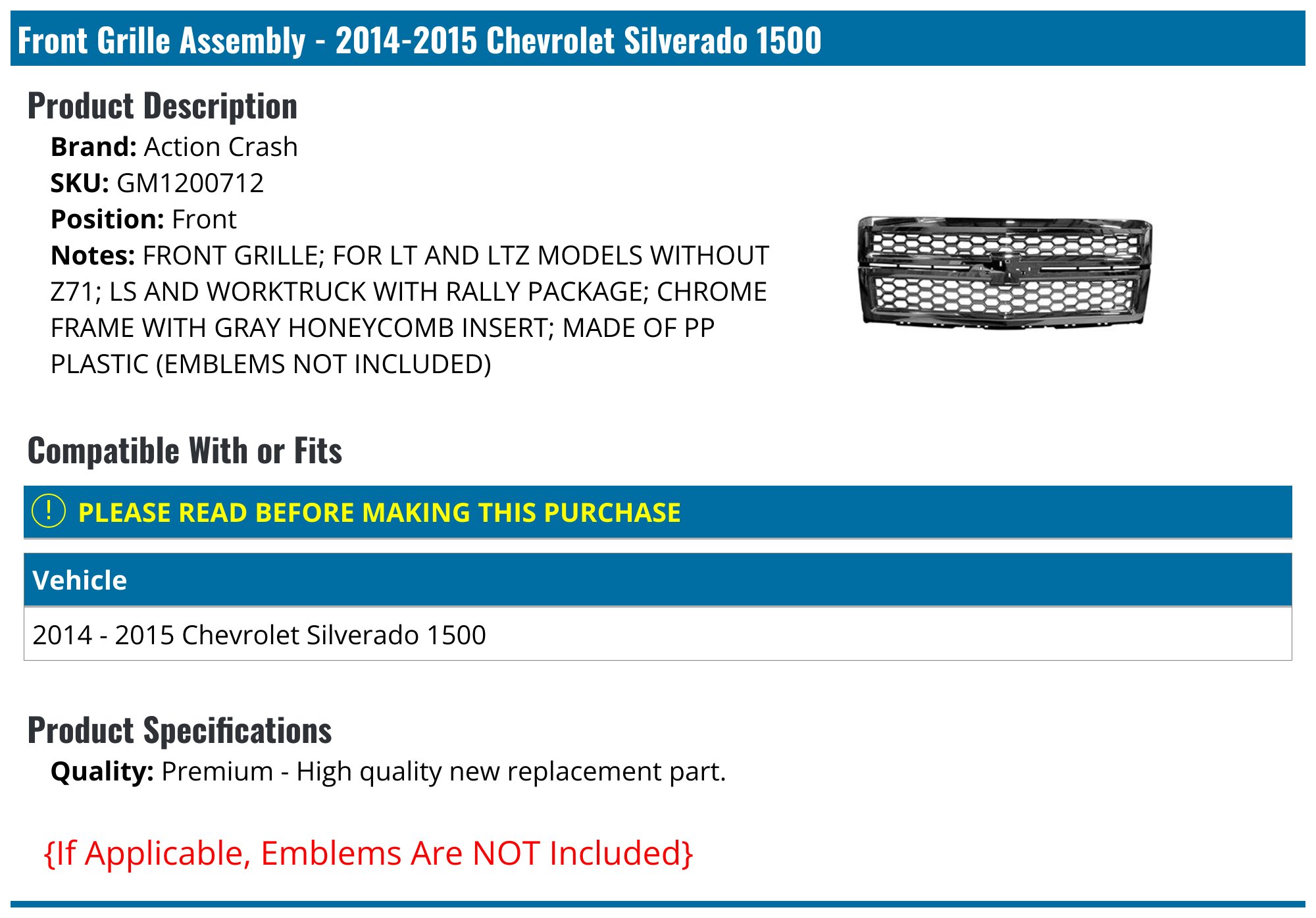 2014-2015 Chevrolet Silverado 1500 Grille Assembly - Action Crash ...