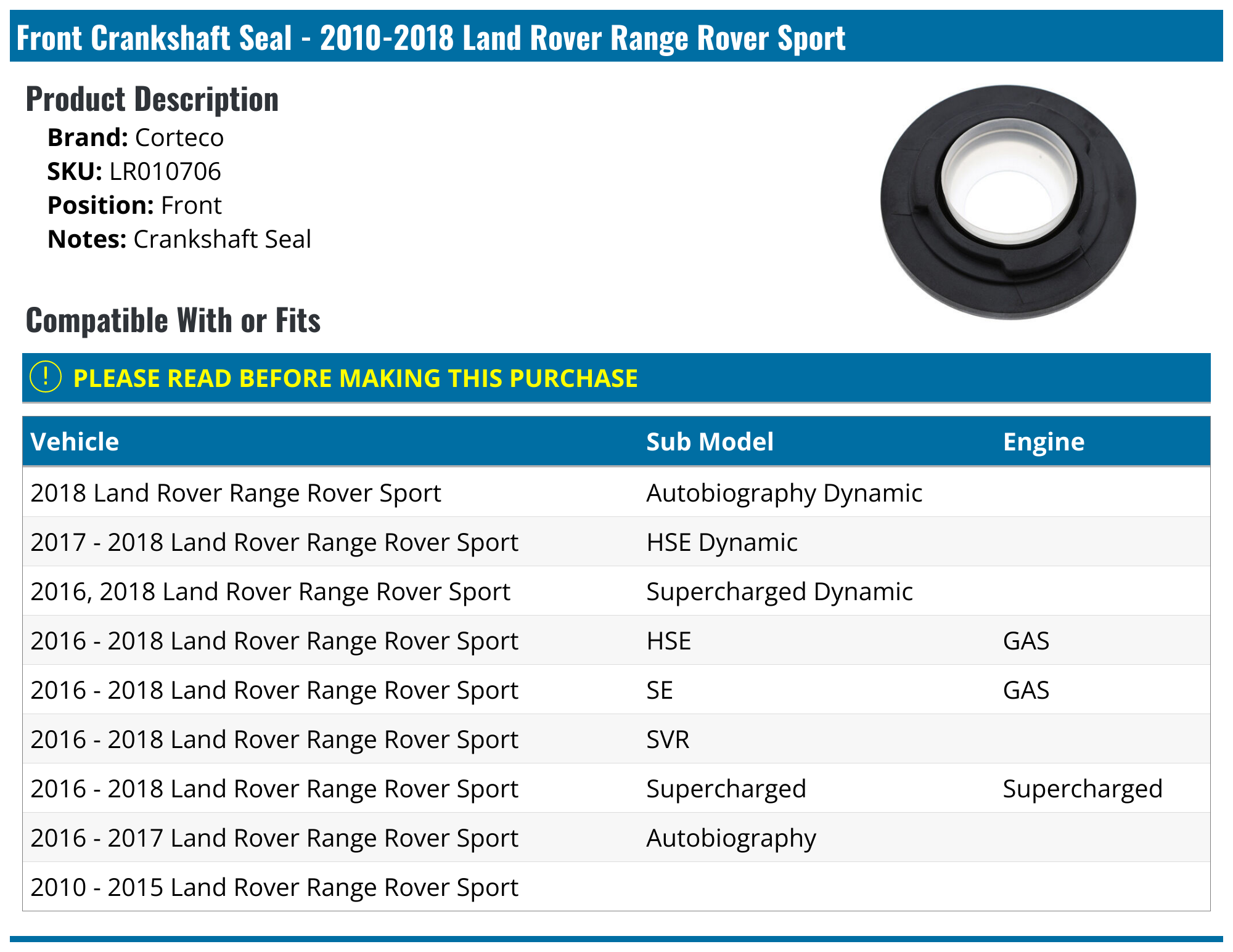 2010-2018 Land Rover Range Rover Sport Crankshaft Seal - Corteco ...