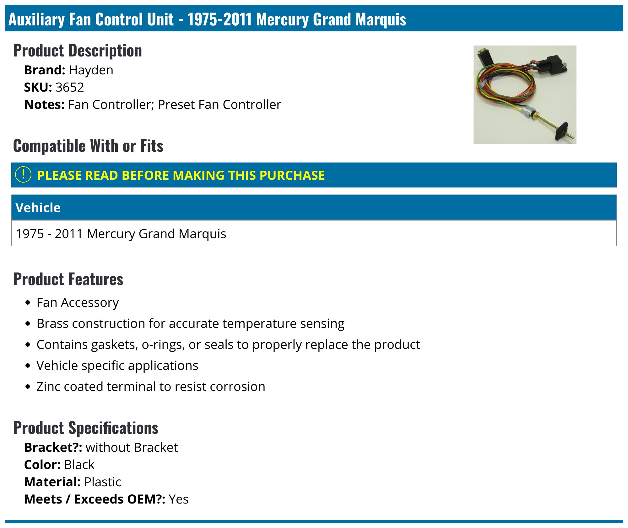 1975-2011 Mercury Grand Marquis Auxiliary Fan Control Unit - Hayden ...