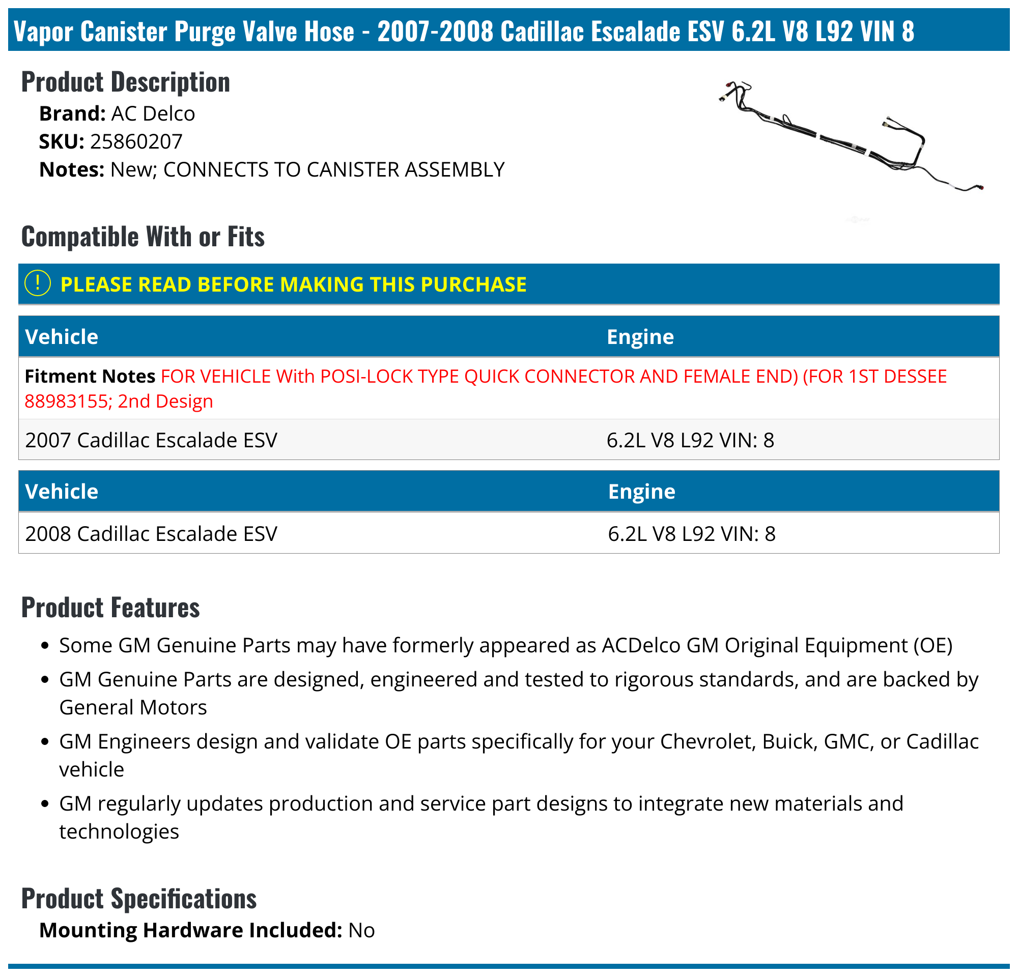 2007-2008 Cadillac Escalade ESV Vapor Canister Purge Valve Hose - AC ...
