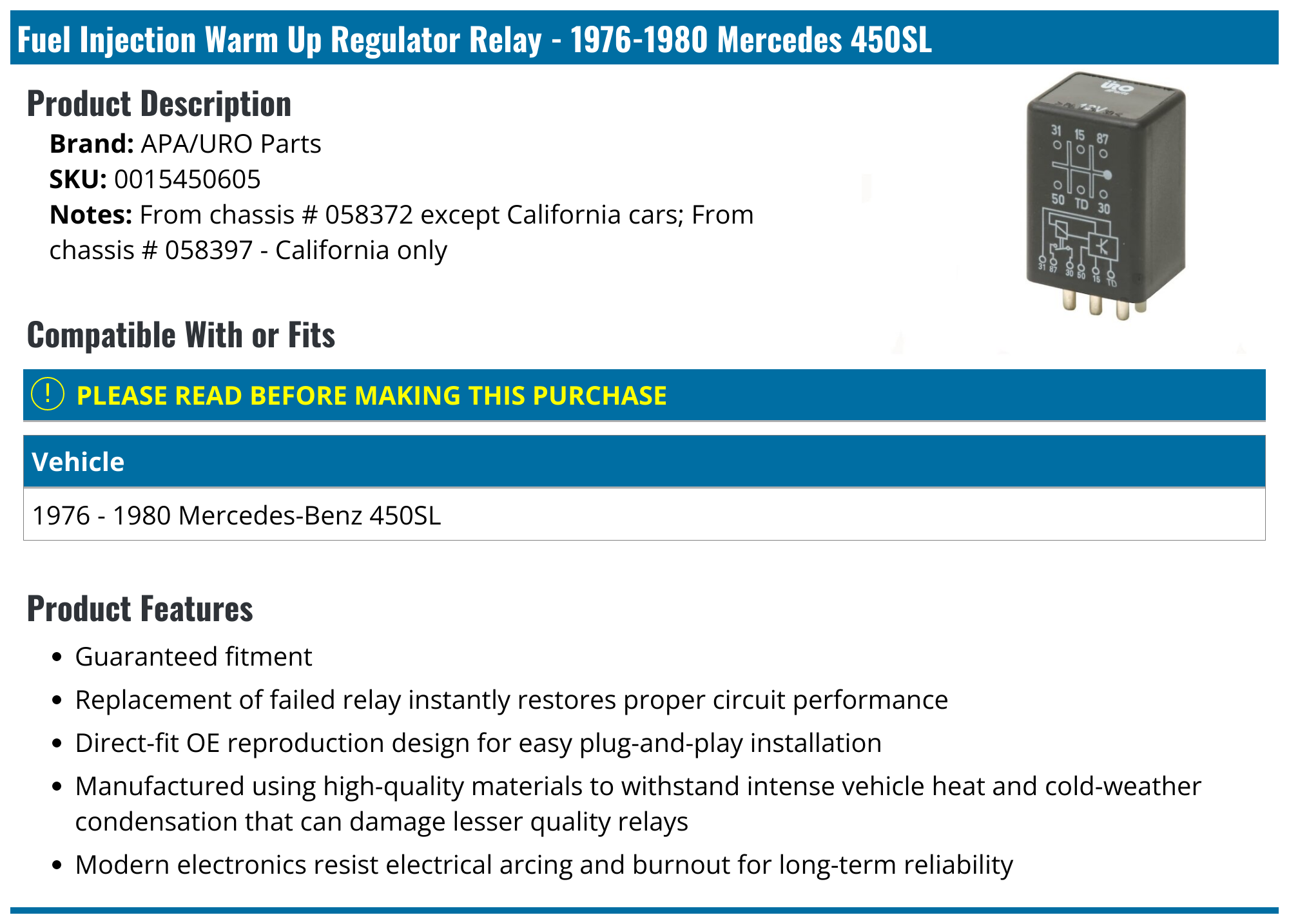 1976-1980 Mercedes 450SL Fuel Injection Warm Up Regulator Relay - APA ...