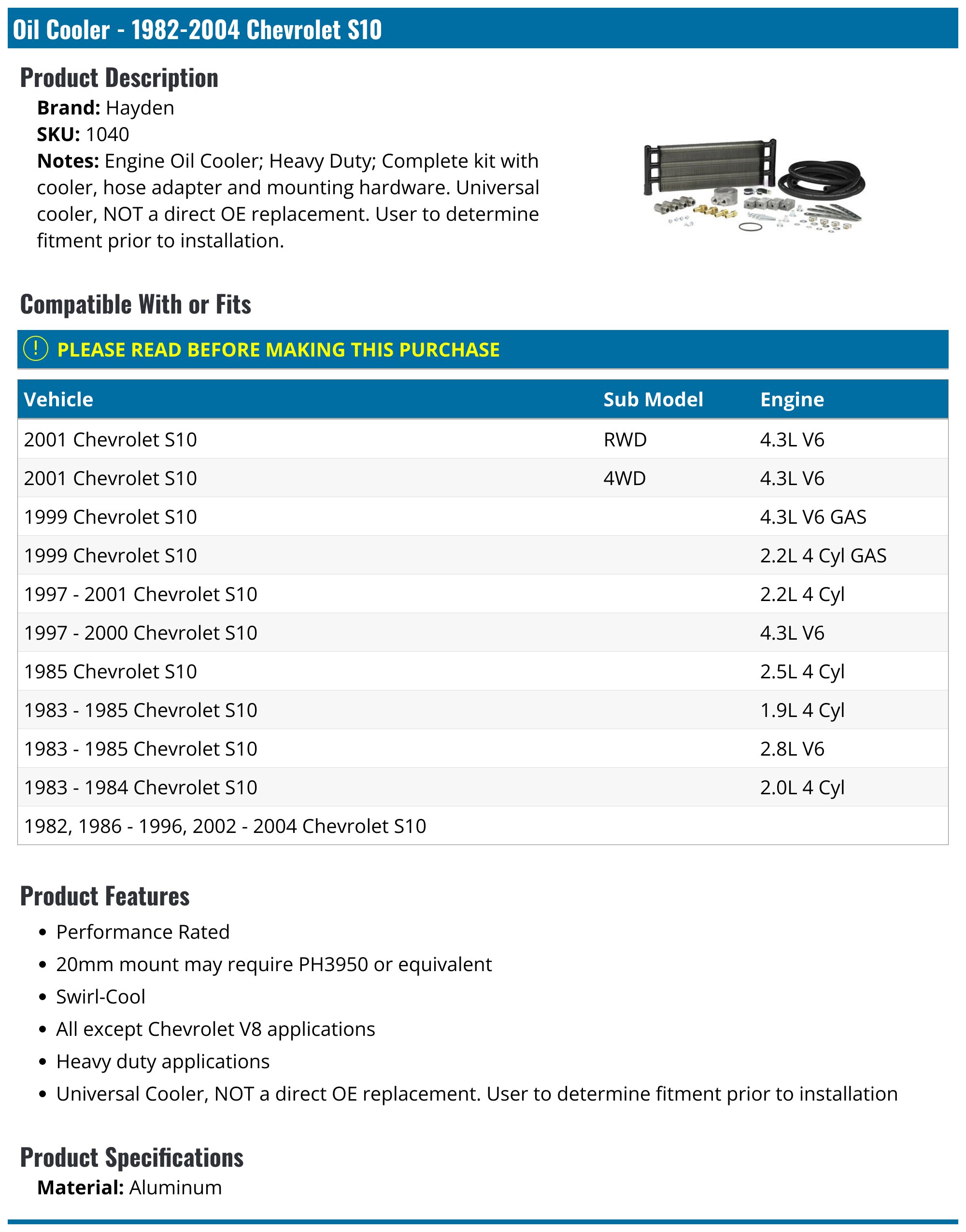 1982-2004 Chevrolet S10 Oil Cooler - Hayden 1040 - PartsGeek.com