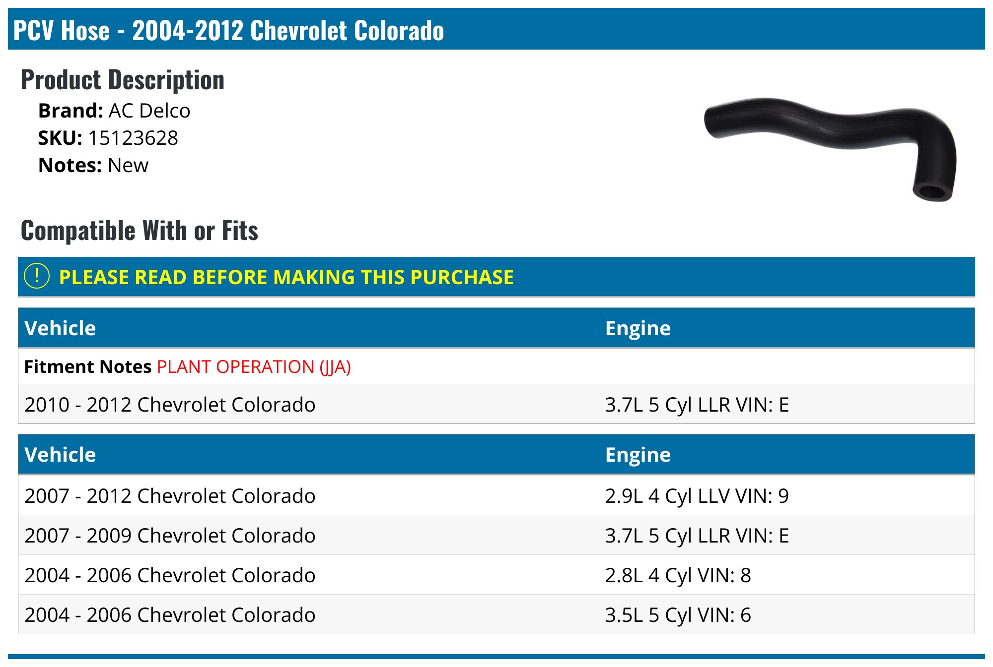 2004-2012 Chevrolet Colorado PCV Hose - AC Delco 15123628 - - PartsGeek.com