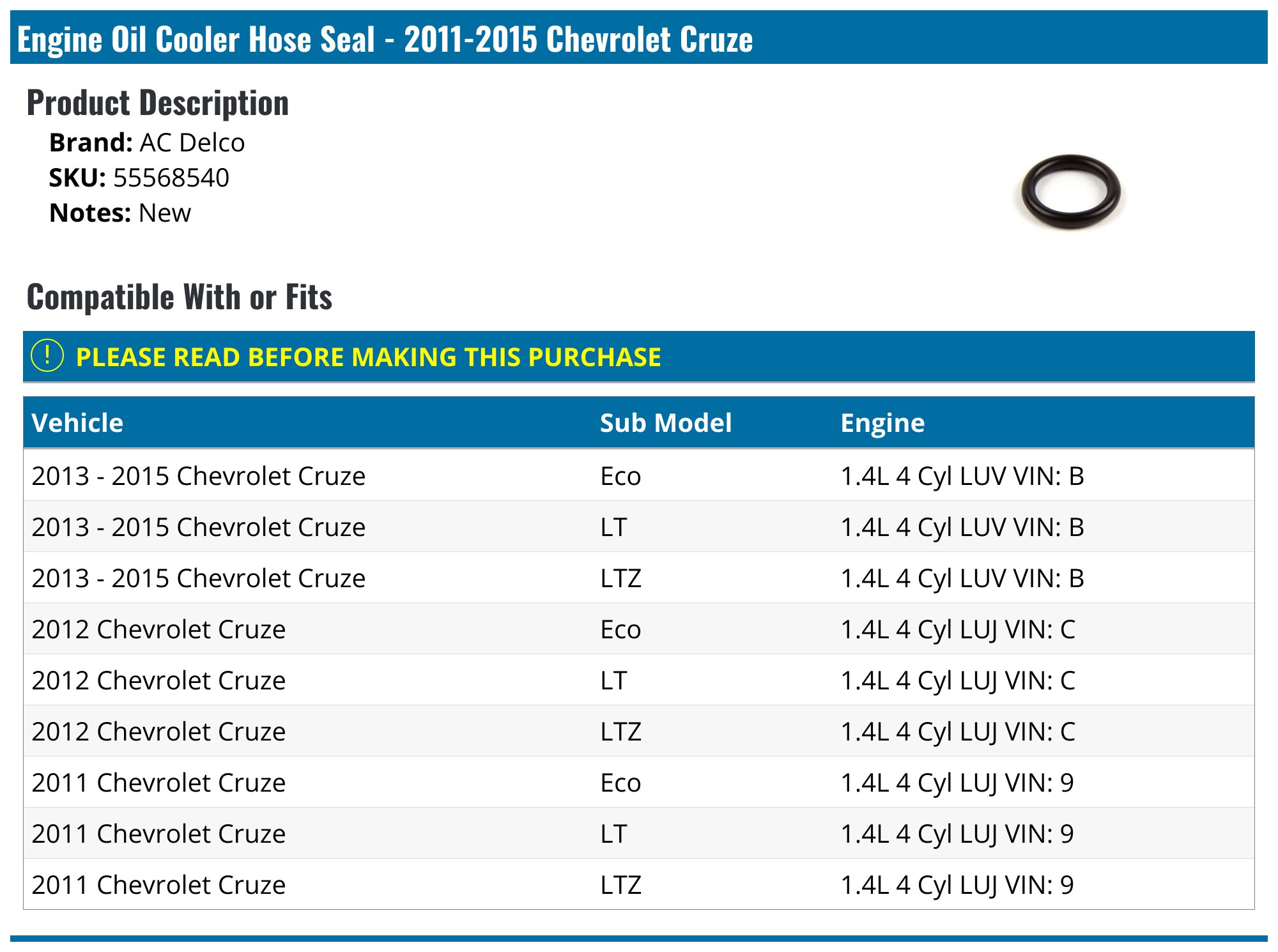 2011-2015 Chevrolet Cruze Engine Oil Cooler Hose Seal - AC Delco ...