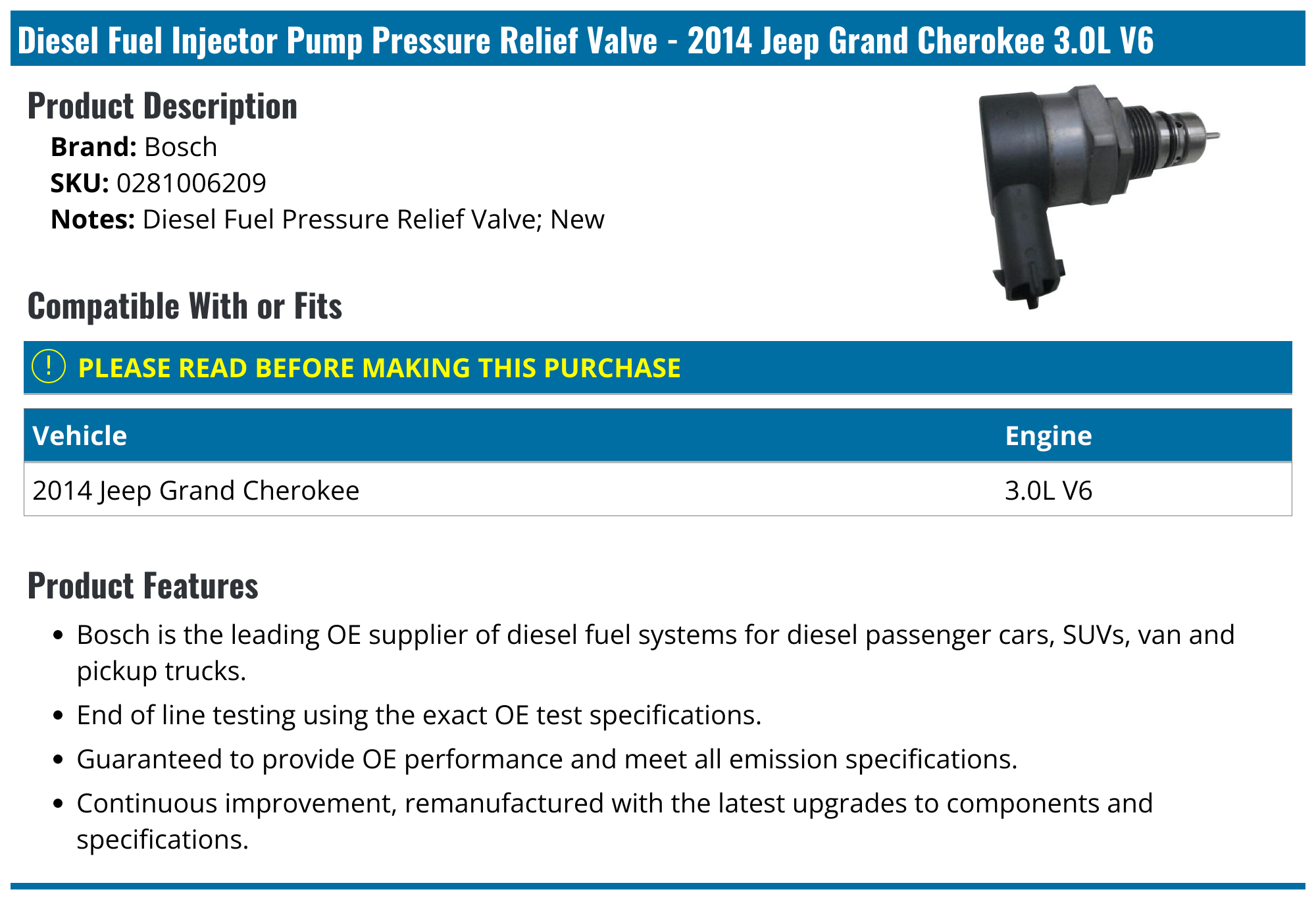 2014 Jeep Grand Cherokee Diesel Fuel Injector Pump Pressure Relief ...