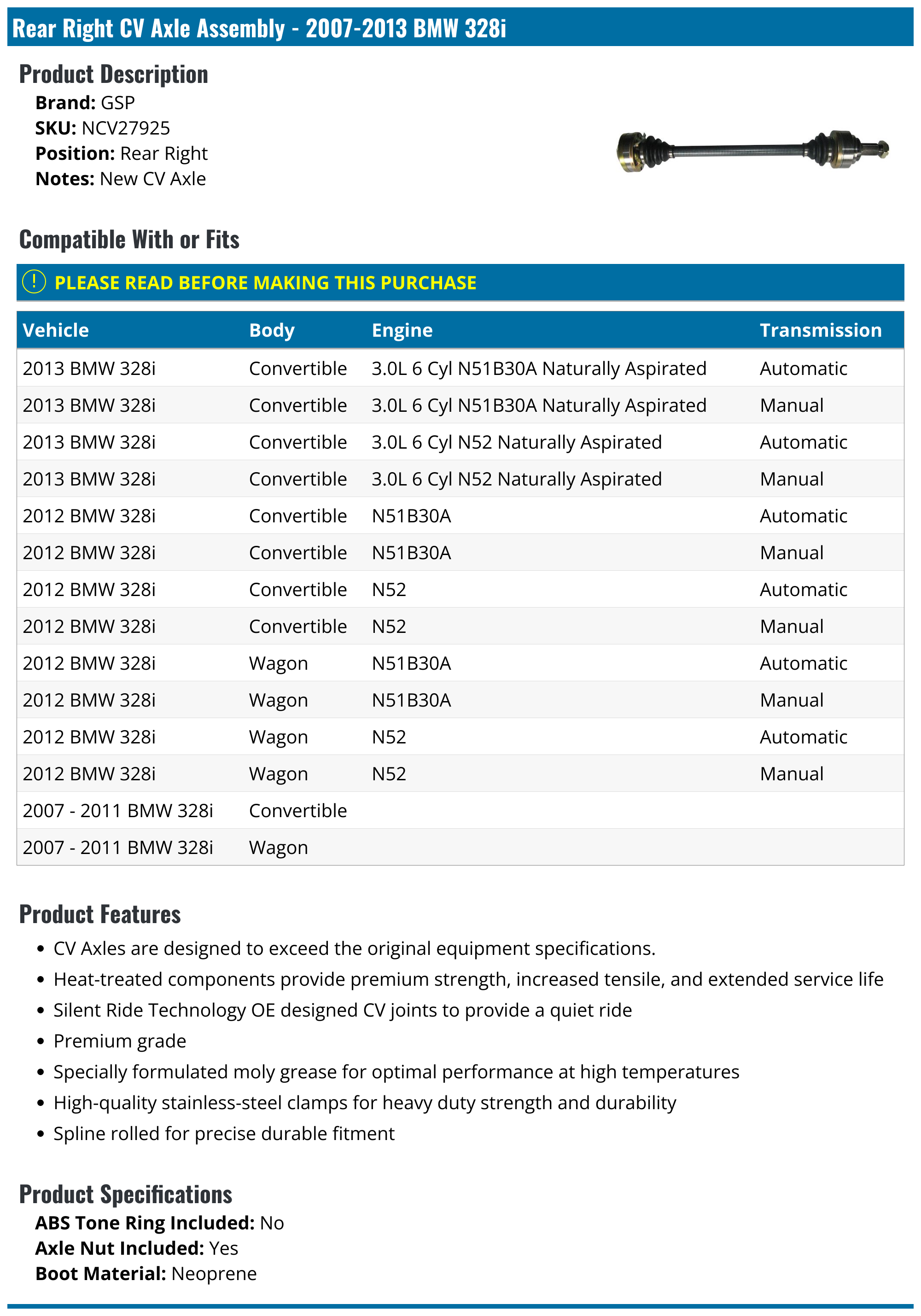 2007-2013 BMW 328i Axle Assembly - GSP NCV27925 - Rear Right ...
