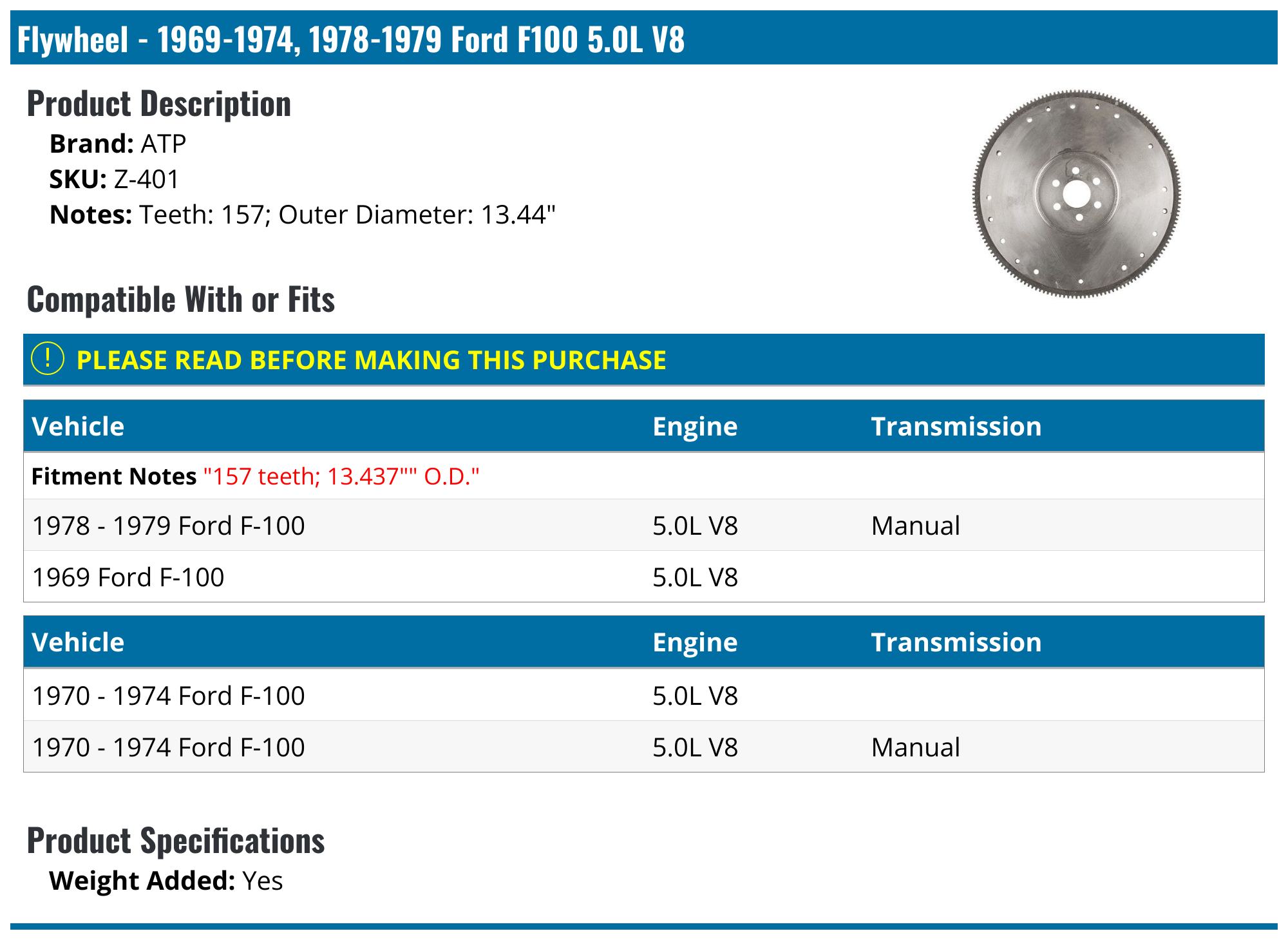 1970-1974, 1978-1979 Ford F100 Flywheel - ATP Z-401 - PartsGeek.com