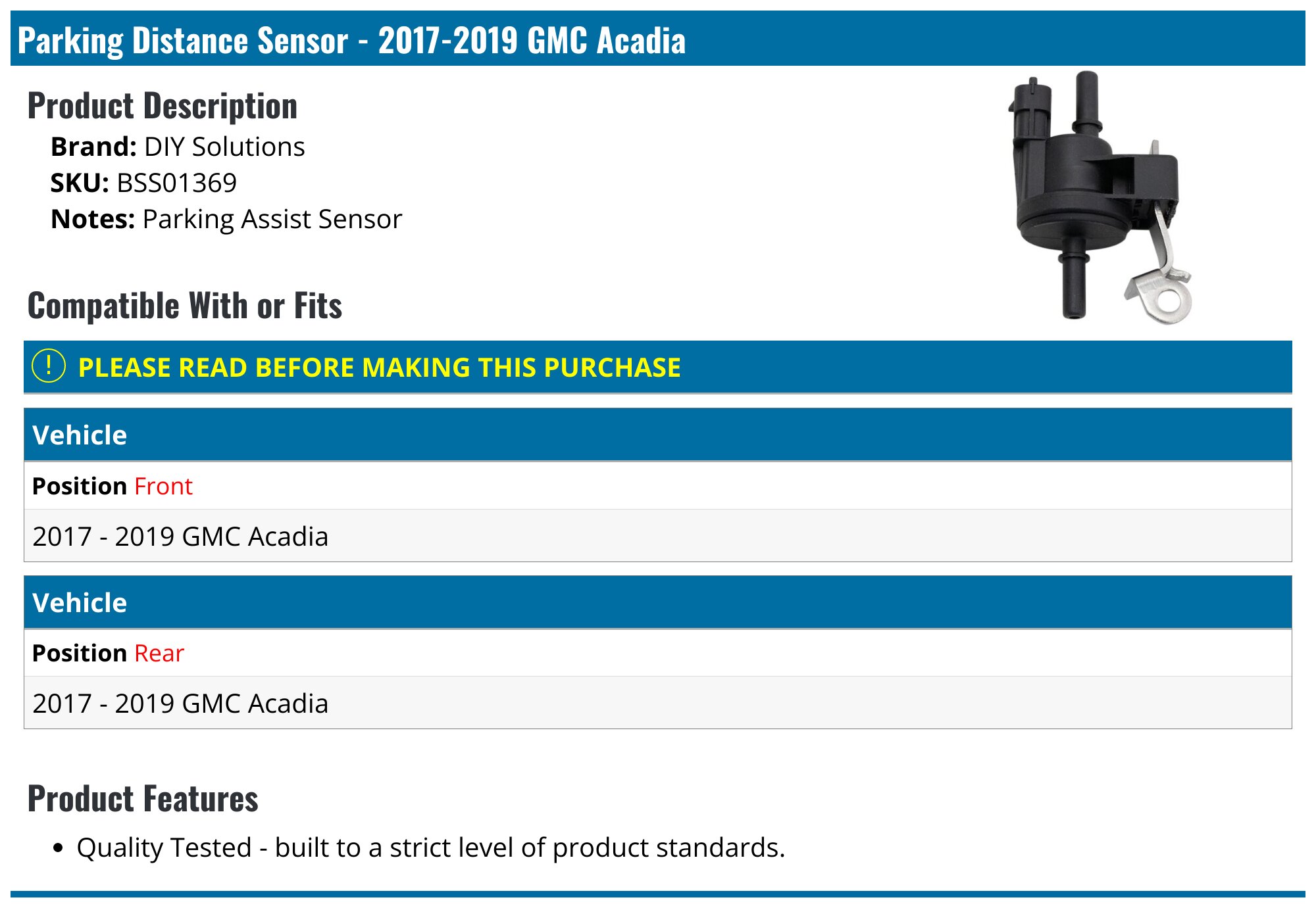 2017-2019 GMC Acadia Parking Distance Sensor - DIY Solutions BSS01369 ...