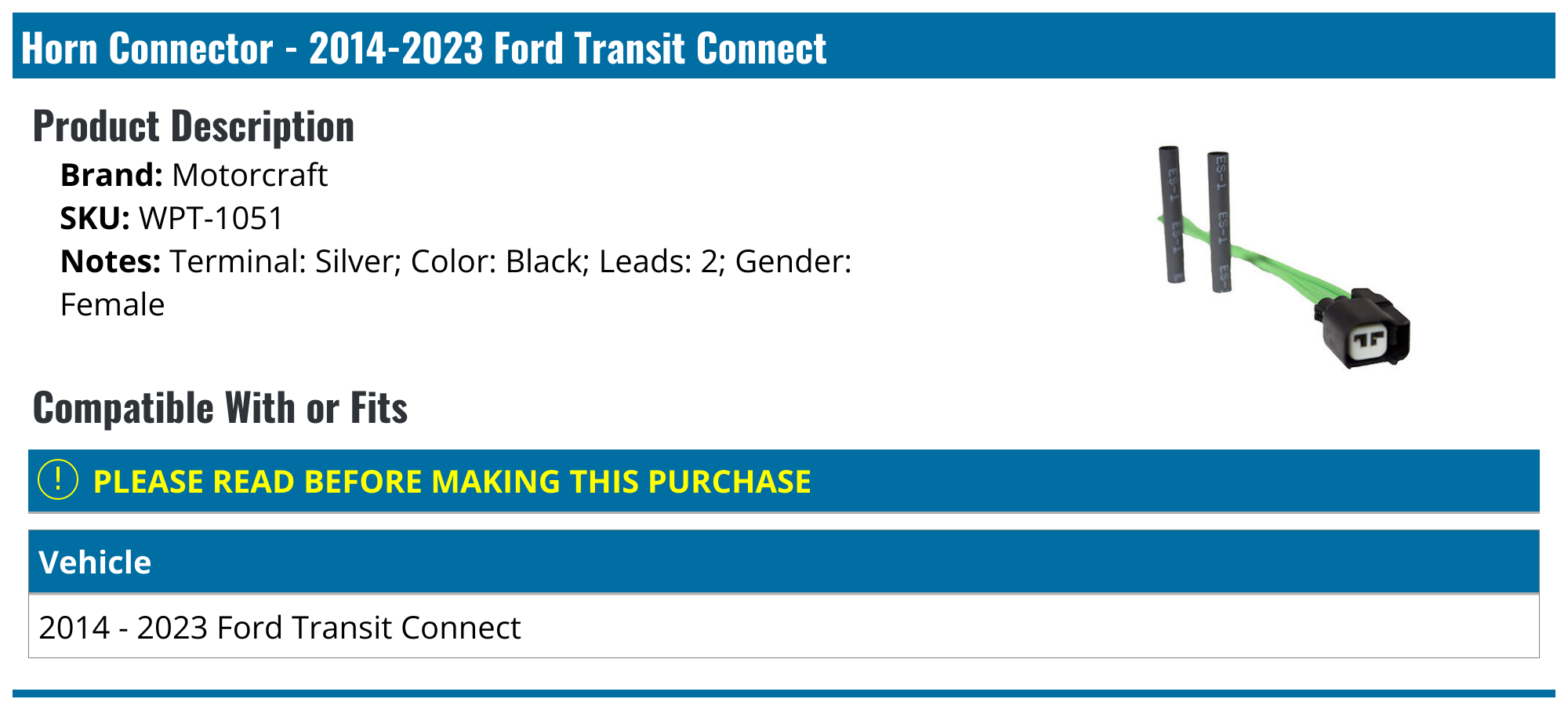 2014-2022 Ford Transit Connect Horn Connector - Motorcraft WPT-1051 ...