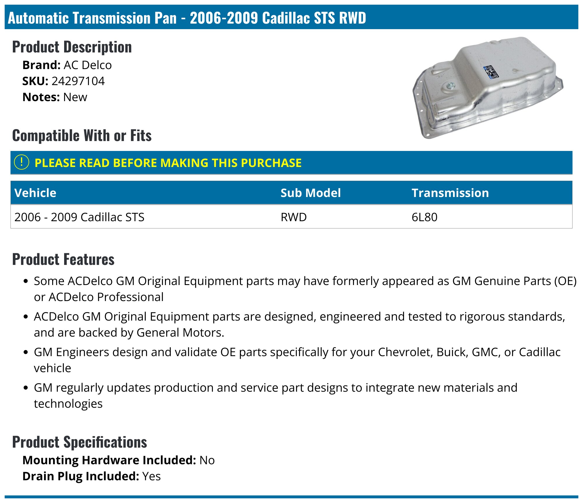 2006-2009 Cadillac STS Automatic Transmission Pan - AC Delco 24297104 ...