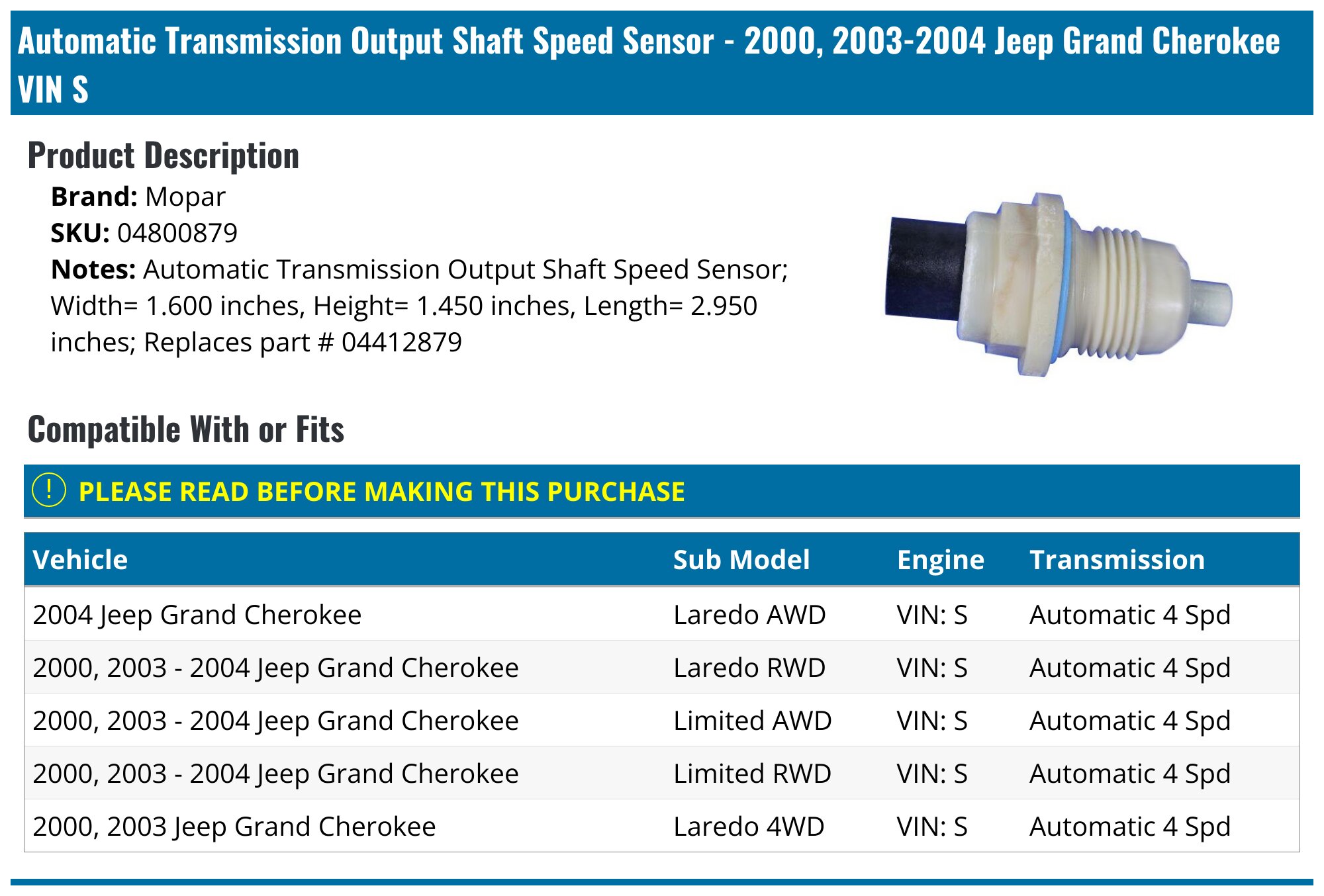 2000, 2003-2004 Jeep Grand Cherokee Automatic Transmission Output Shaft ...