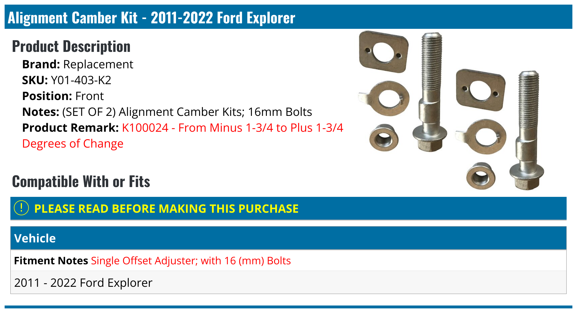 2011-2022 Ford Explorer Alignment Camber Kit - Replacement Y01-403-K2 - - PartsGeek.com
