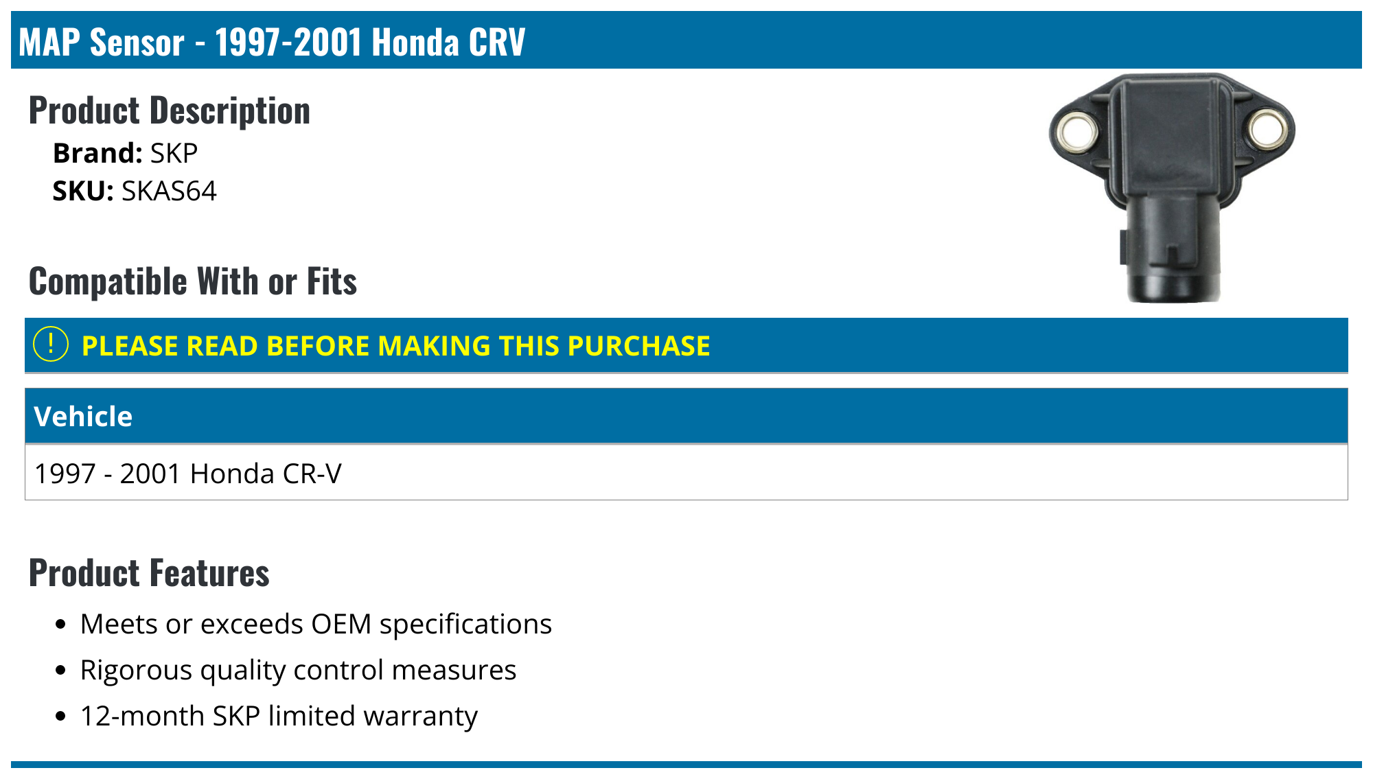 1997-2001 Honda CRV MAP Sensor - SKP SKAS64 - PartsGeek.com