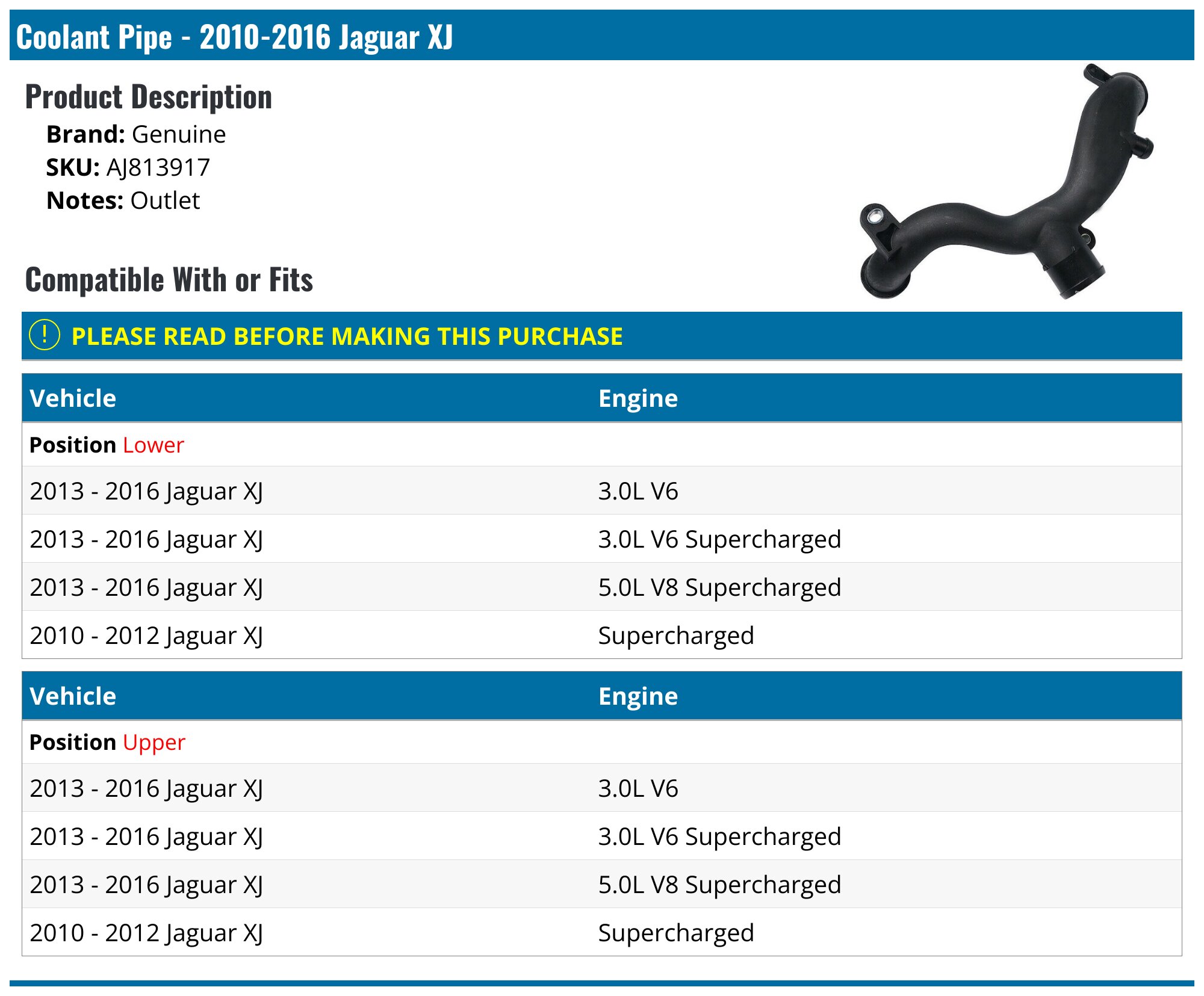 2010-2016 Jaguar XJ Coolant Pipe - Genuine AJ813917 - Lower - PartsGeek.com