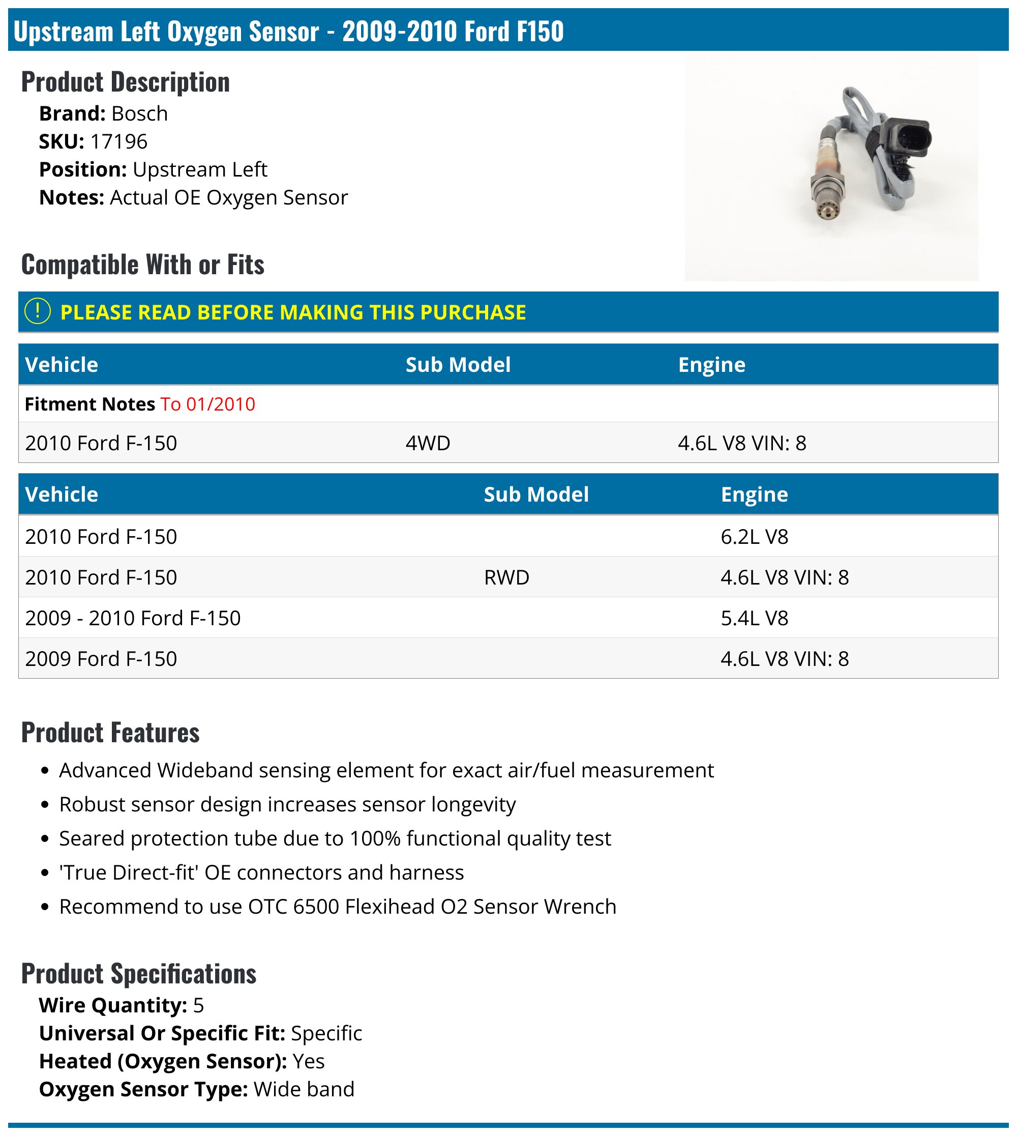 2009-2010 Ford F150 Oxygen Sensor - Bosch 17196 - Upstream Left ...