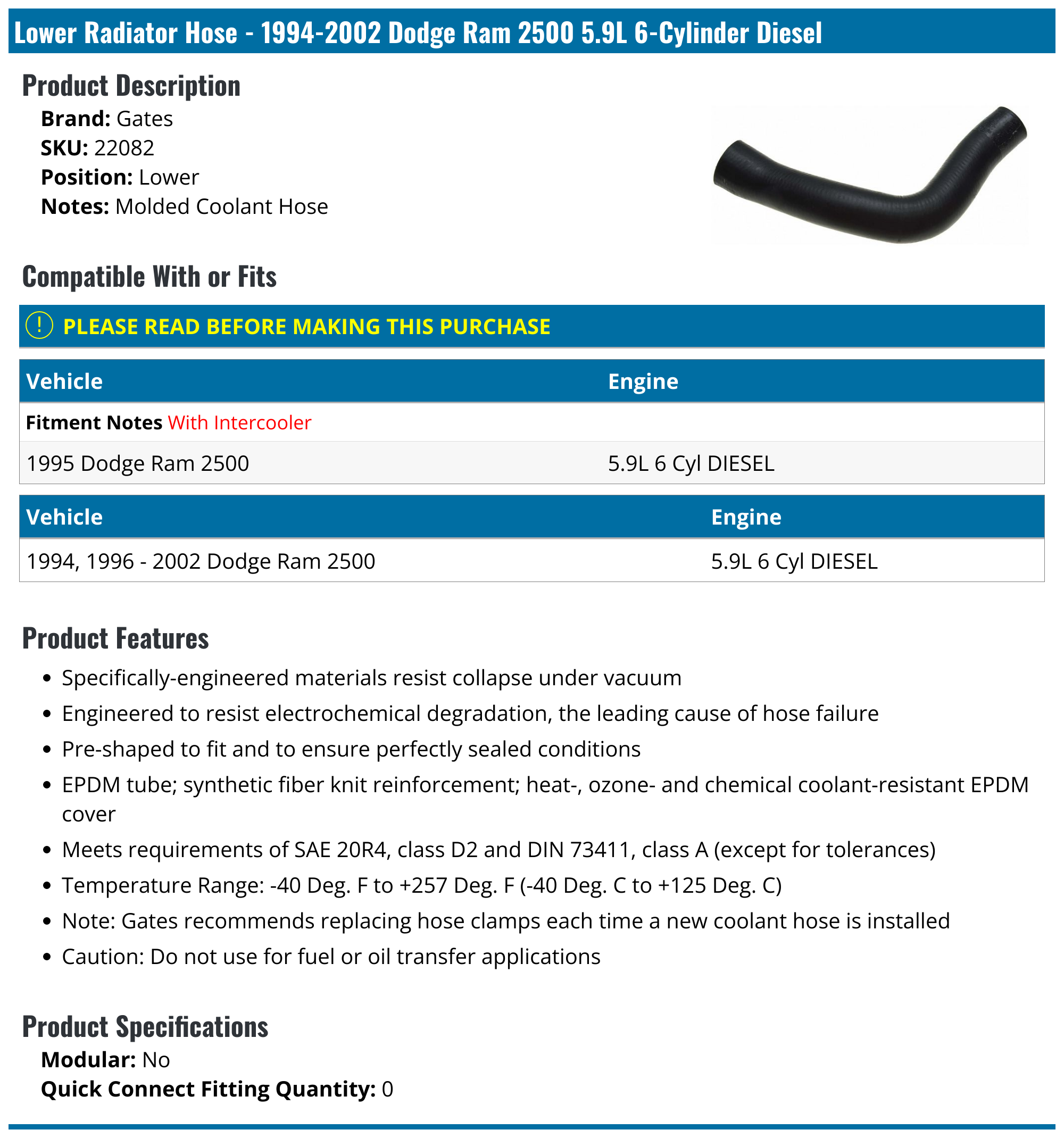 1994-2002 Dodge Ram 2500 Radiator Hose - Gates 22082 - Lower ...