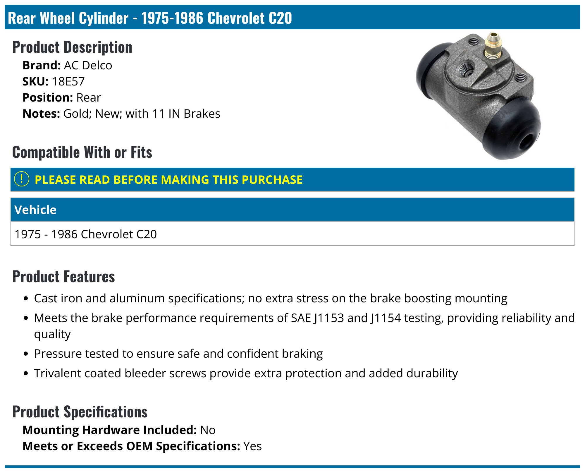 1975-1986 Chevrolet C20 Wheel Cylinder - AC Delco 18E57 - Rear ...