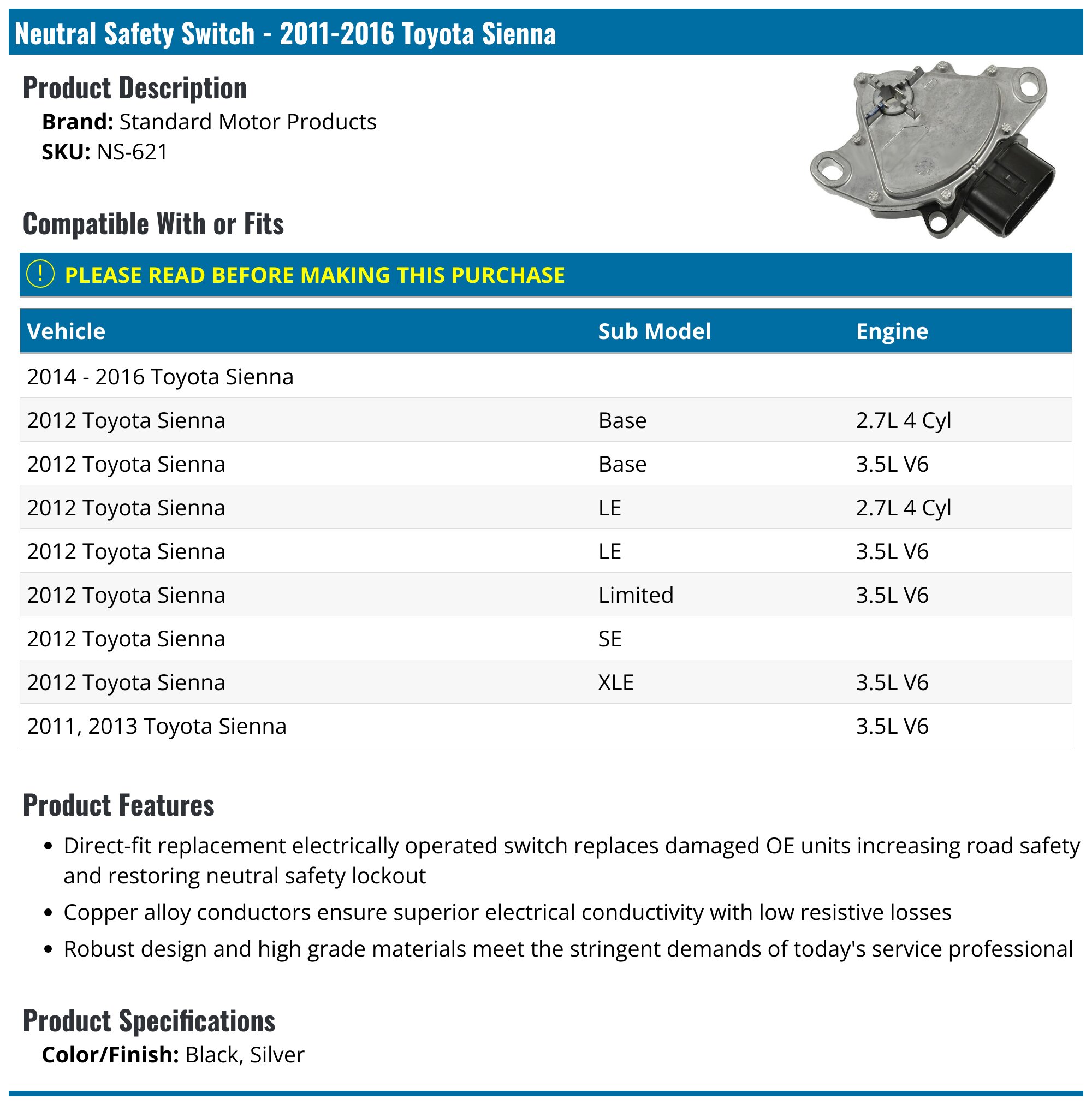 2011-2016 Toyota Sienna Neutral Safety Switch - Standard Motor Products ...
