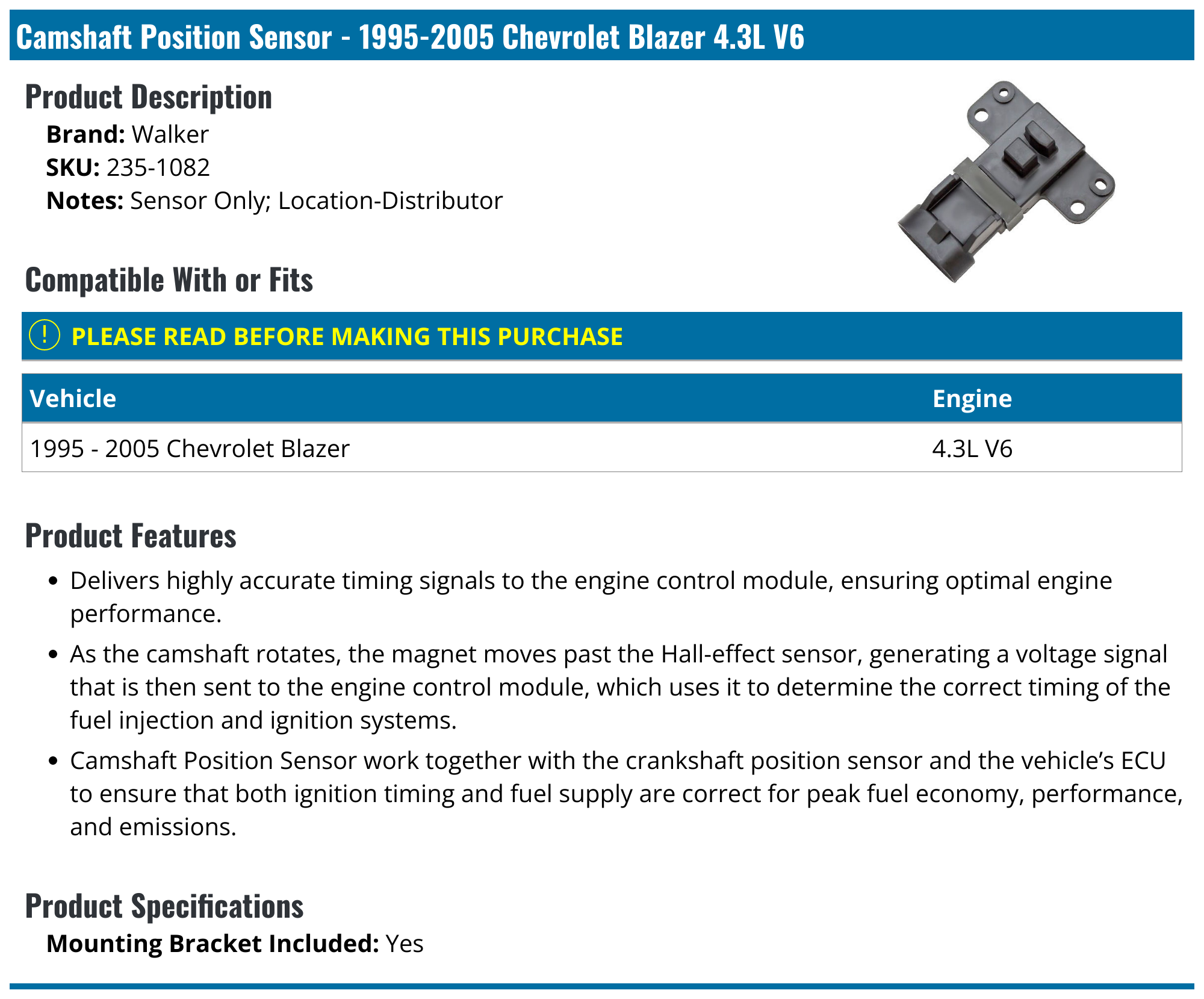 1995-2005 Chevrolet Blazer Camshaft Position Sensor - Walker 235-1082 ...