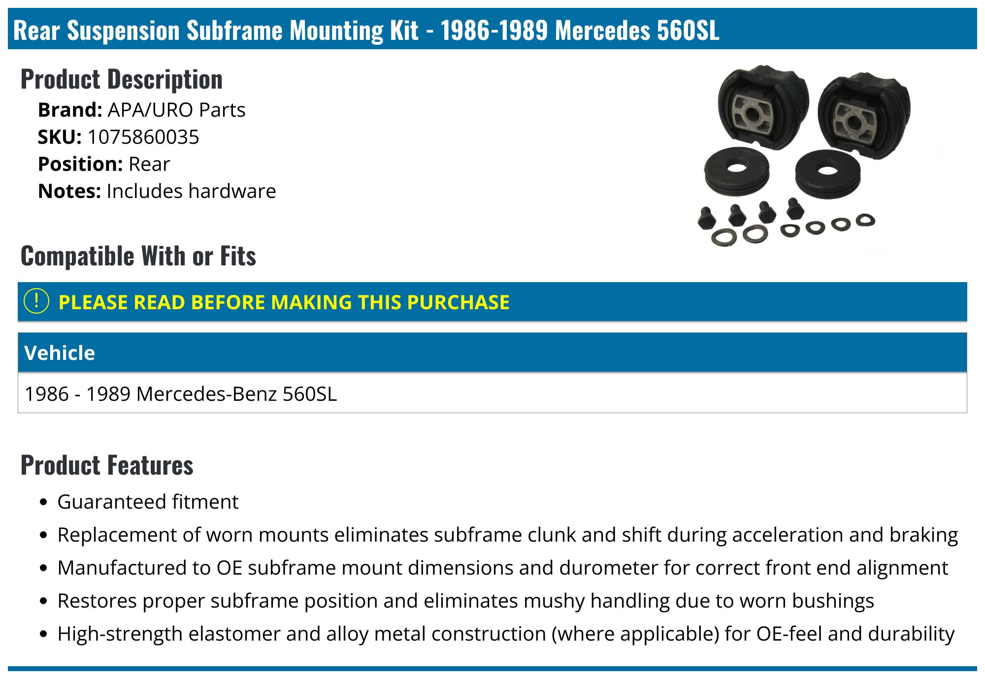 1986-1989 Mercedes 560SL Suspension Subframe Mounting Kit - APA/URO ...
