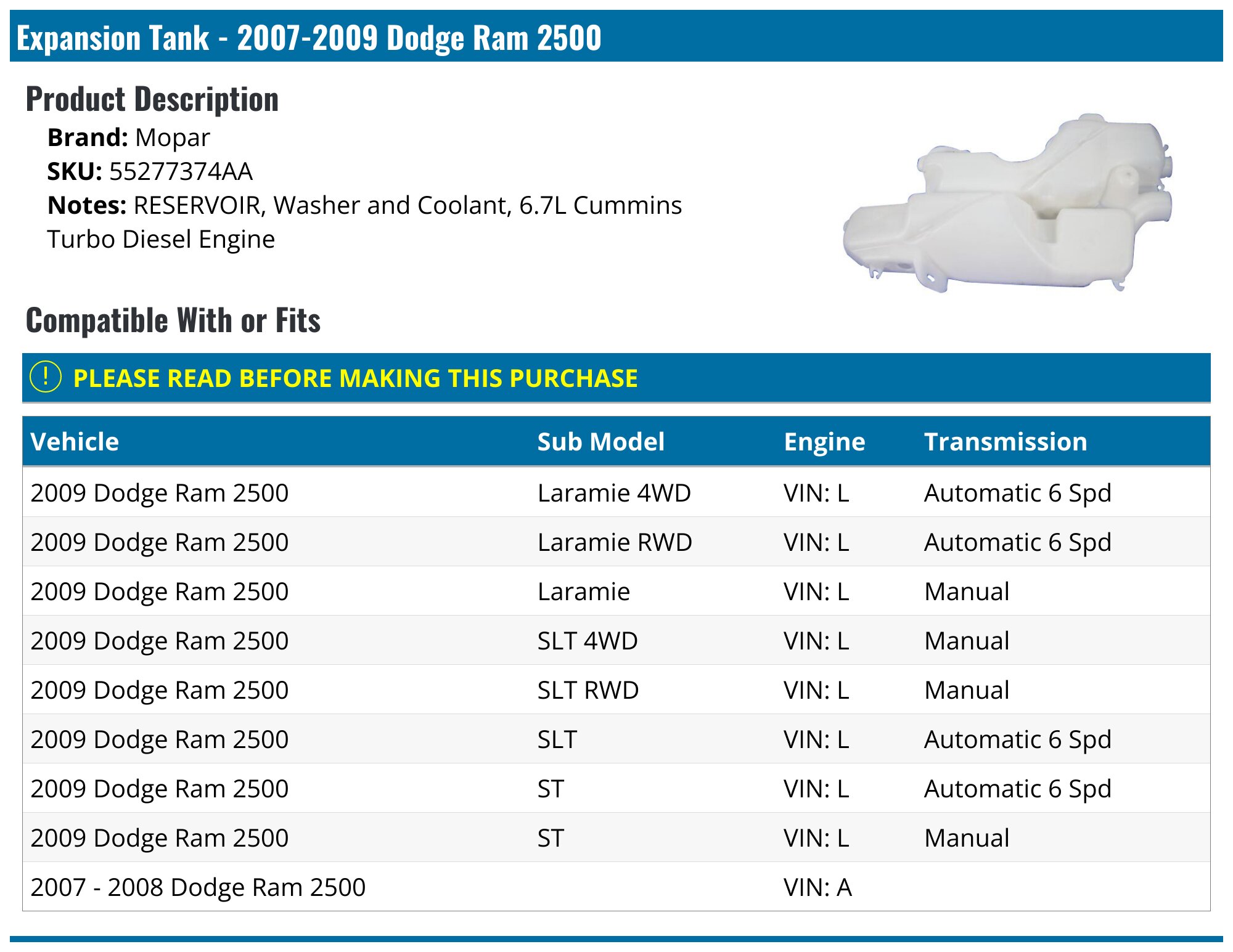 2007-2009 Dodge Ram 2500 Expansion Tank - Mopar 55277374AA - PartsGeek.com