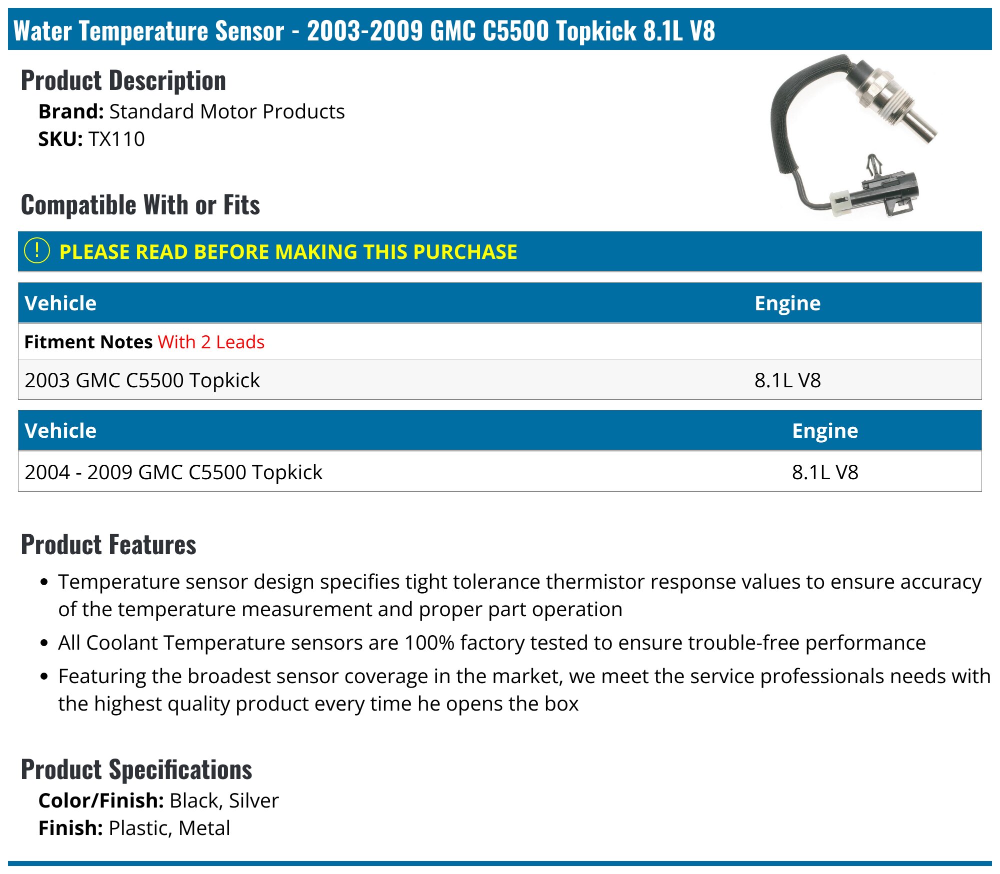 2003-2009 GMC C5500 Topkick Water Temperature Sensor - Standard Motor ...