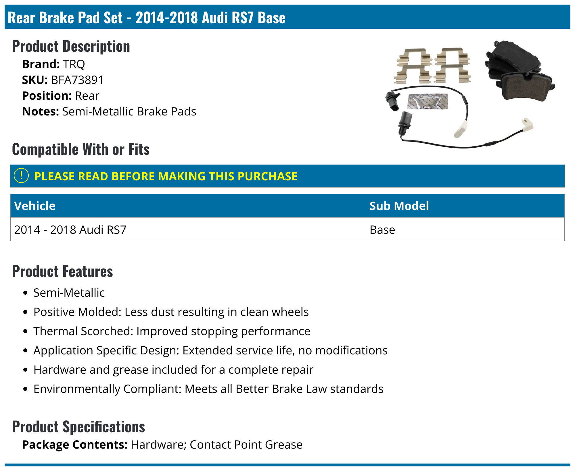 2014-2018 Audi RS7 Brake Pad Set - TRQ BFA73891 - Rear - PartsGeek.com