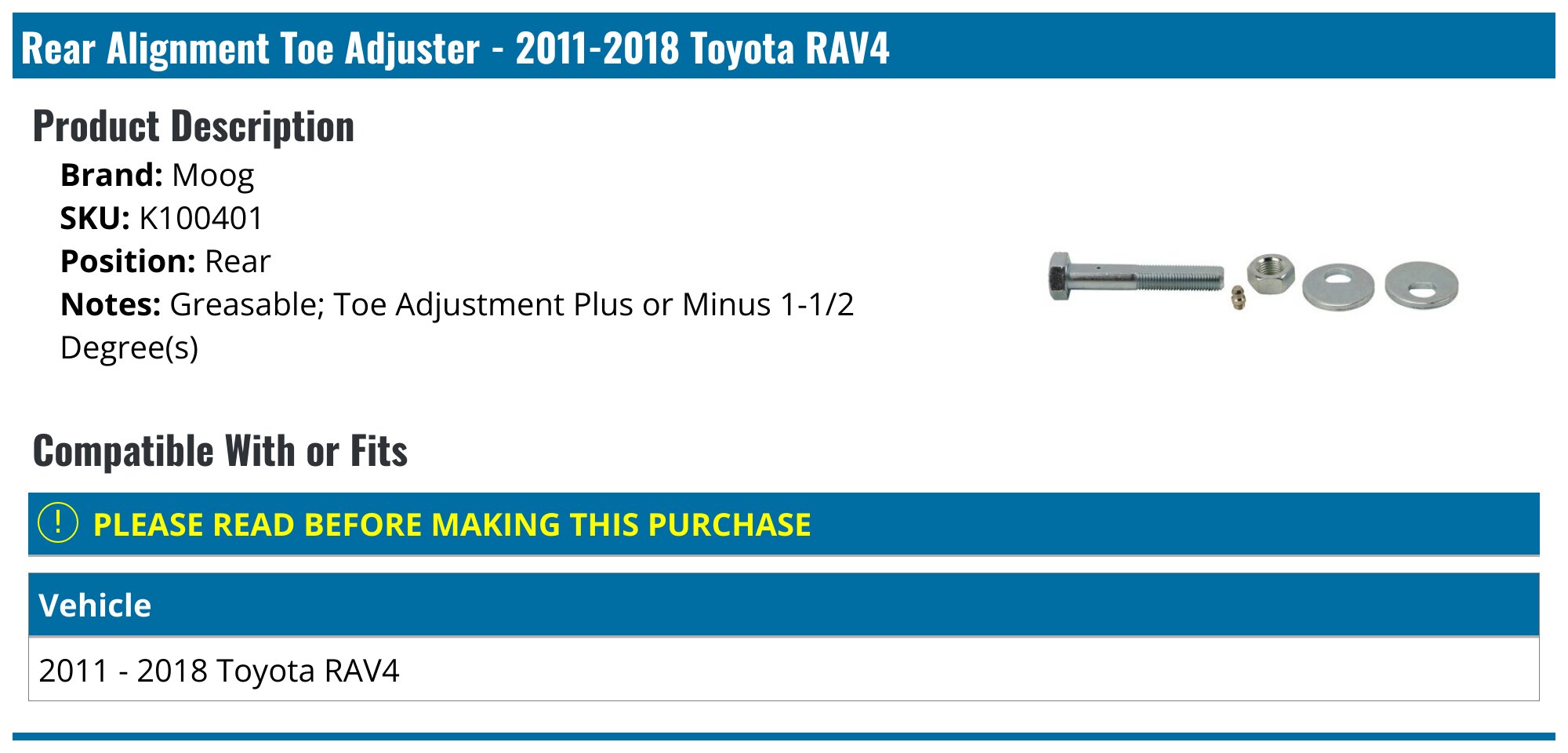 2011-2018 Toyota RAV4 Alignment Toe Adjuster - Moog K100401 - Rear ...