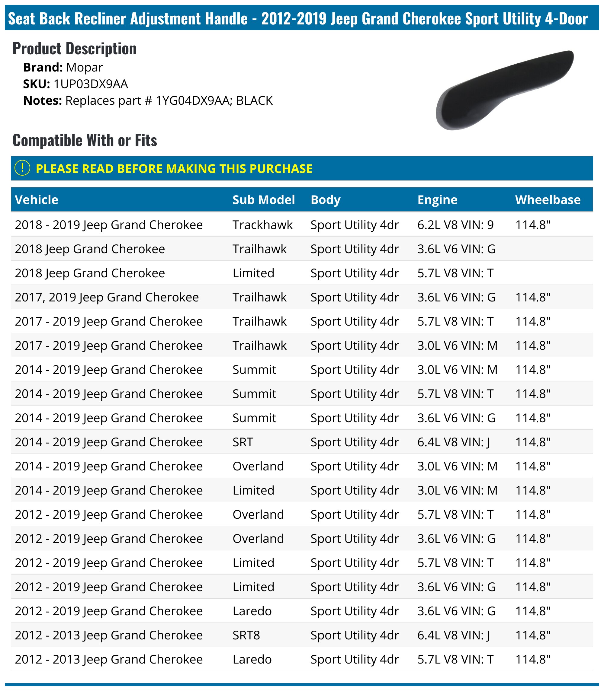 2012-2019 Jeep Grand Cherokee Seat Back Recliner Adjustment Handle ...