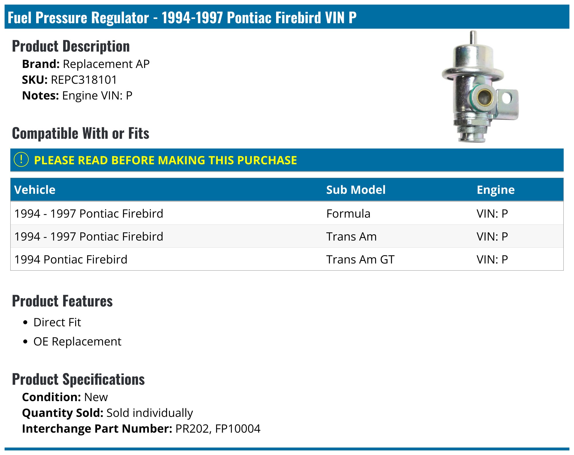 1994-1997 Pontiac Firebird Fuel Pressure Regulator - Replacement AP ...