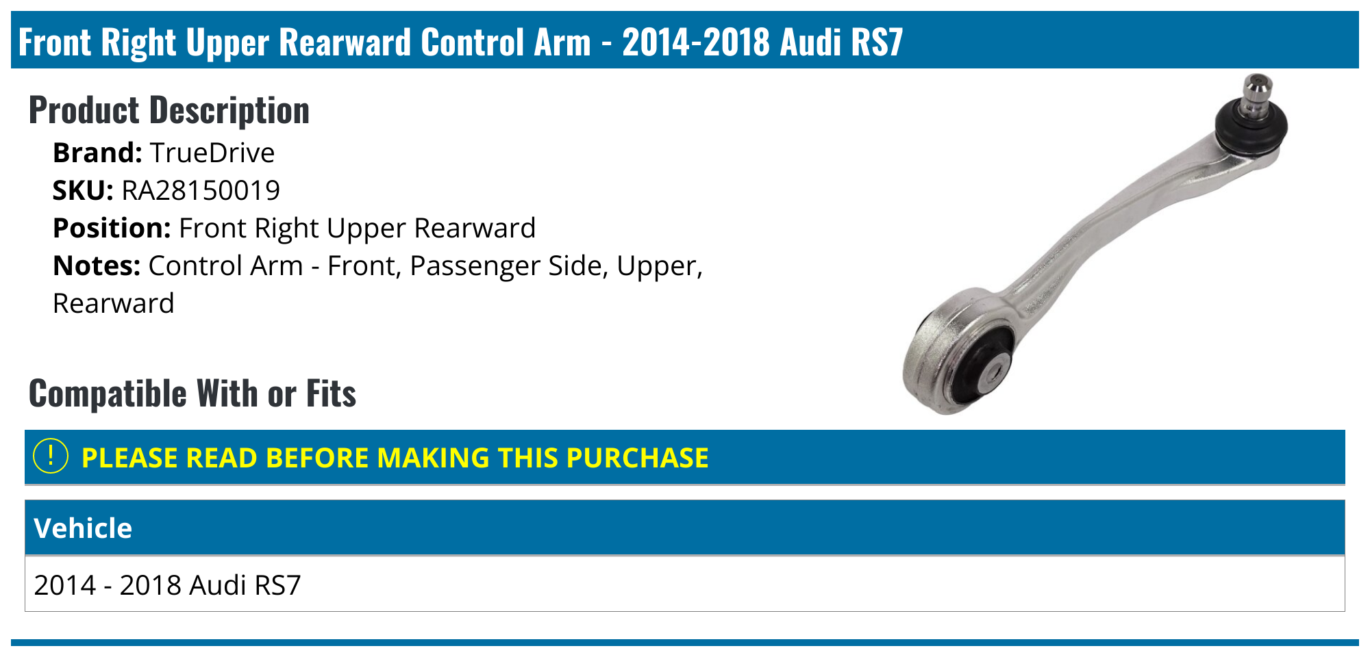 2014-2018 Audi RS7 Control Arm - TrueDrive RA28150019 - Front Right ...