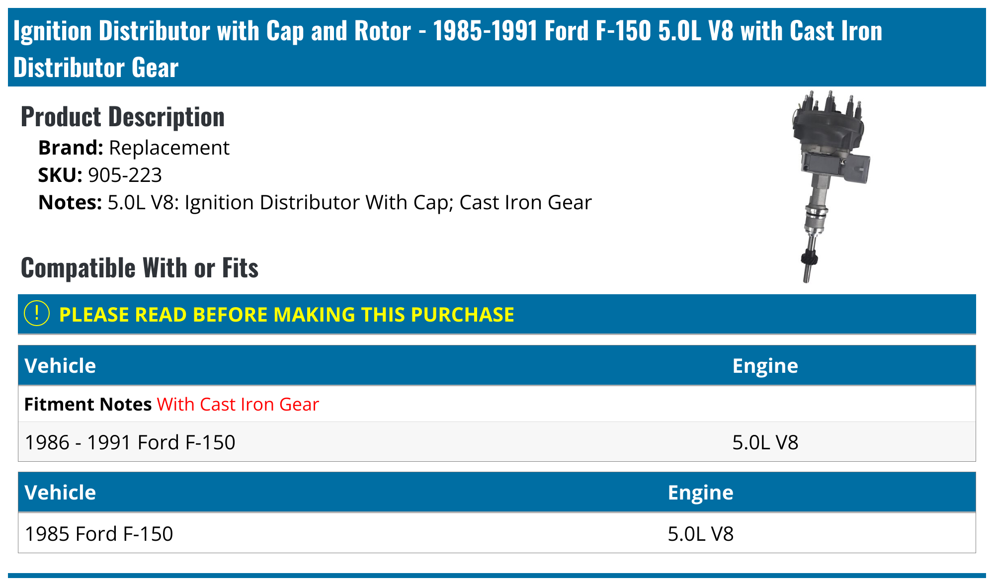 1985-1991 Ford F150 Ignition Distributor - Replacement 905-223 ...
