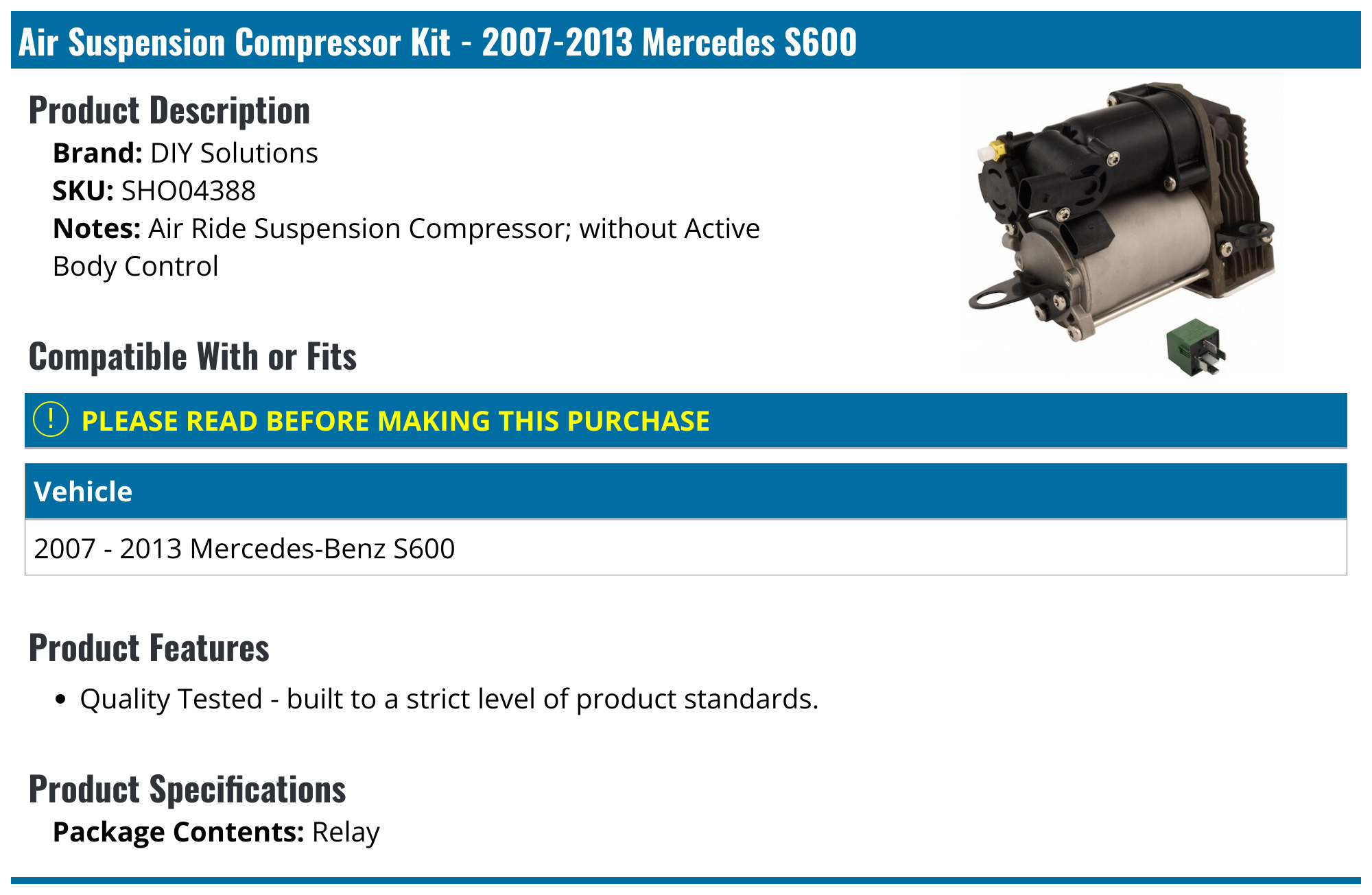 2007-2013 Mercedes S600 Suspension Compressor - DIY Solutions SHO04388 ...