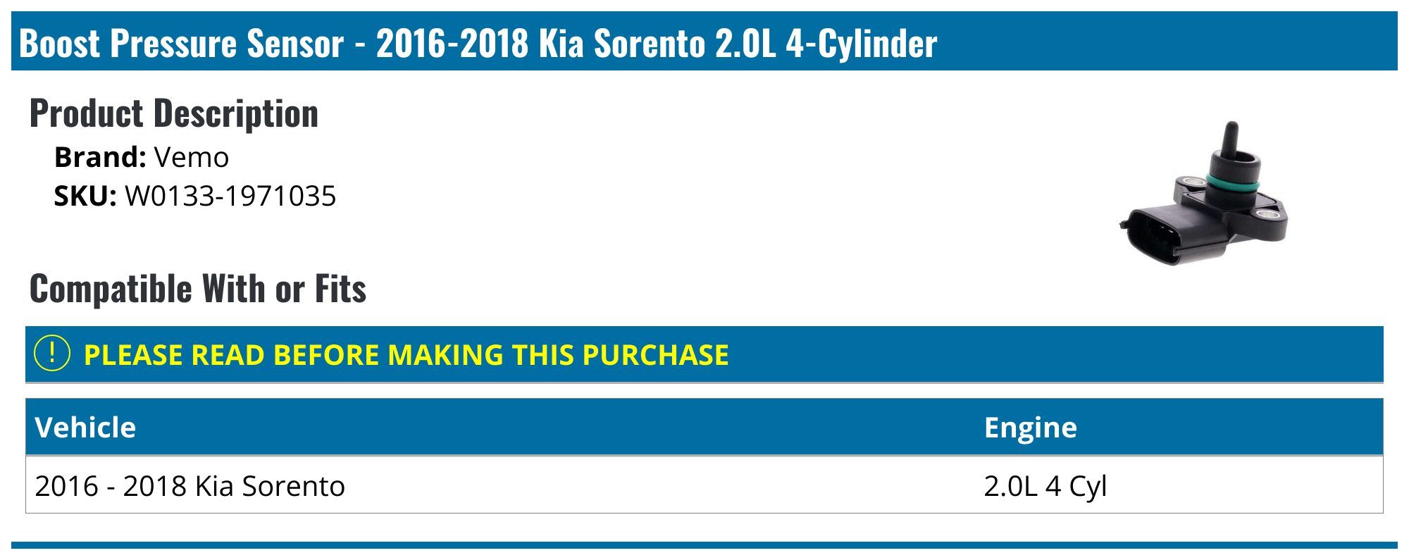 2016-2018 Kia Sorento Boost Pressure Sensor - Vemo W0133-1971035 ...