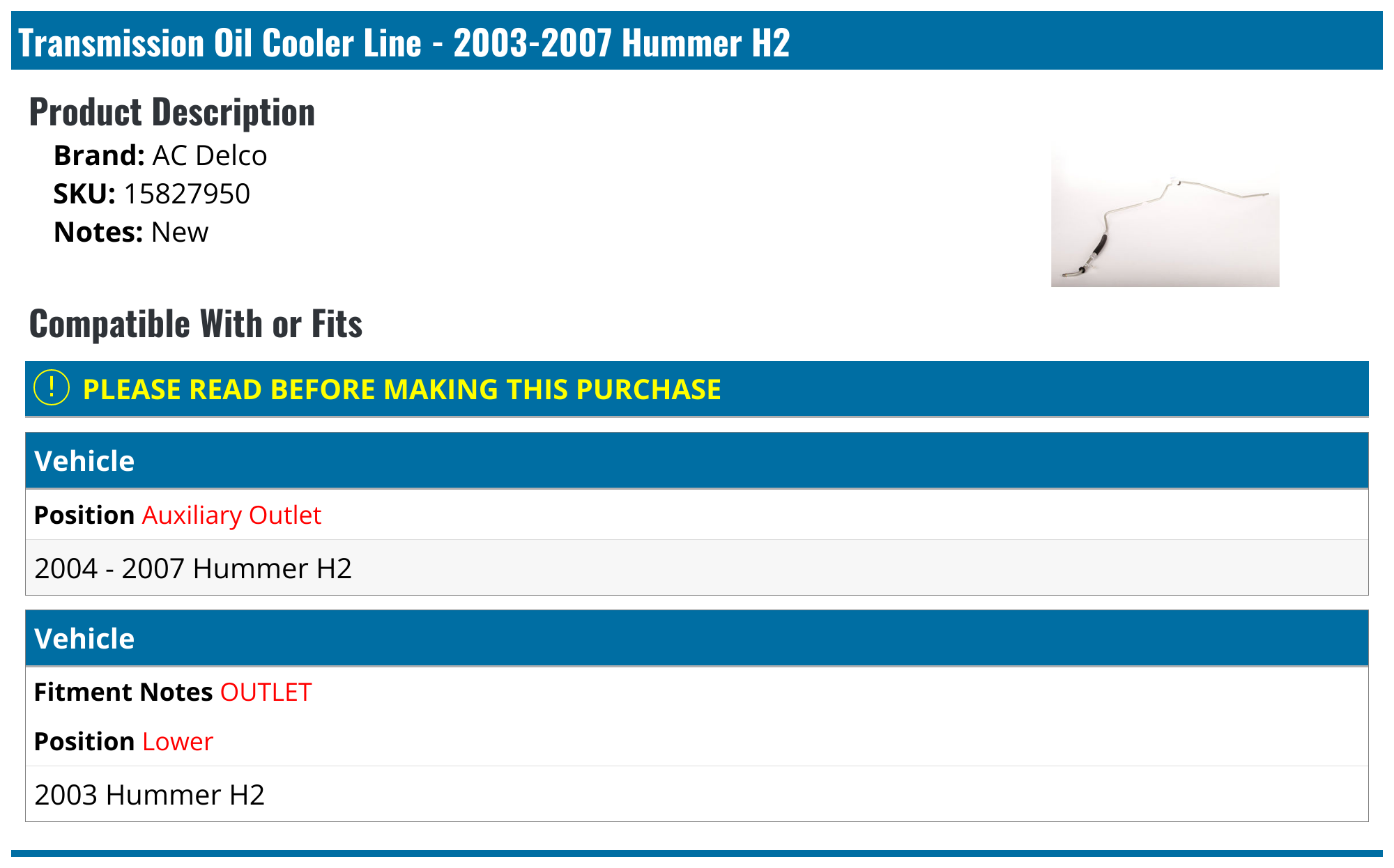 2003-2007 Hummer H2 Transmission Oil Cooler Line - AC Delco 15827950 ...