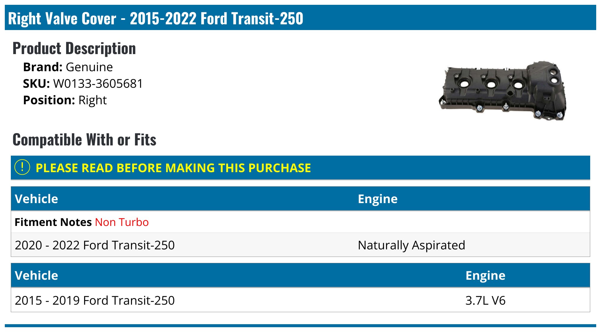 2015-2023 Ford Transit-250 Valve Cover - Genuine W0133-3605681 ...