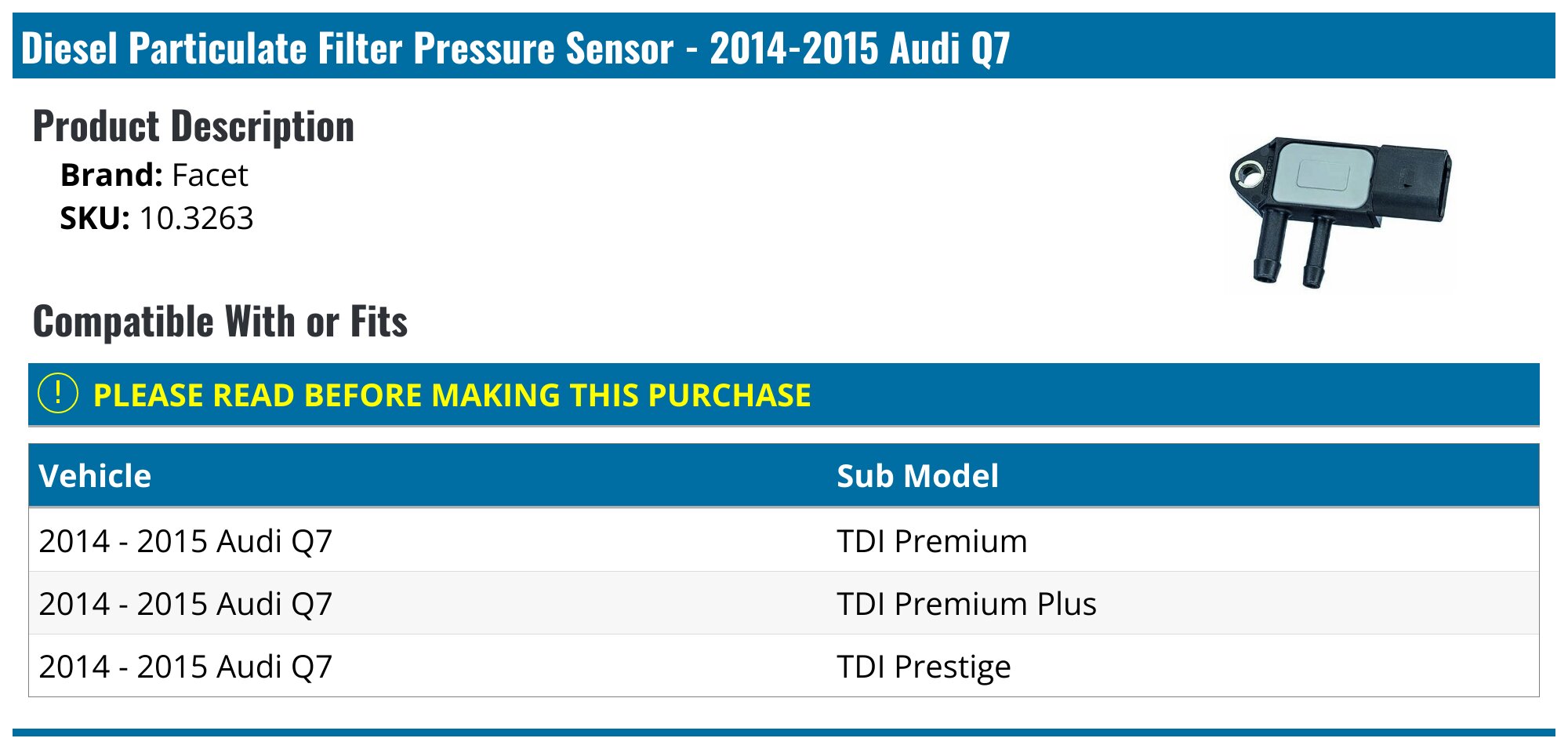2014-2015 Audi Q7 Diesel Particulate Filter Pressure Sensor - Facet 10. ...