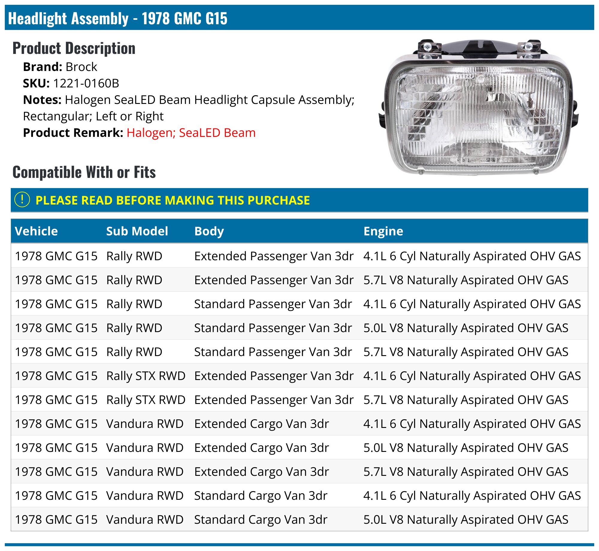 1978 GMC G15 Headlight Assembly - Brock 1221-0160B - PartsGeek.com