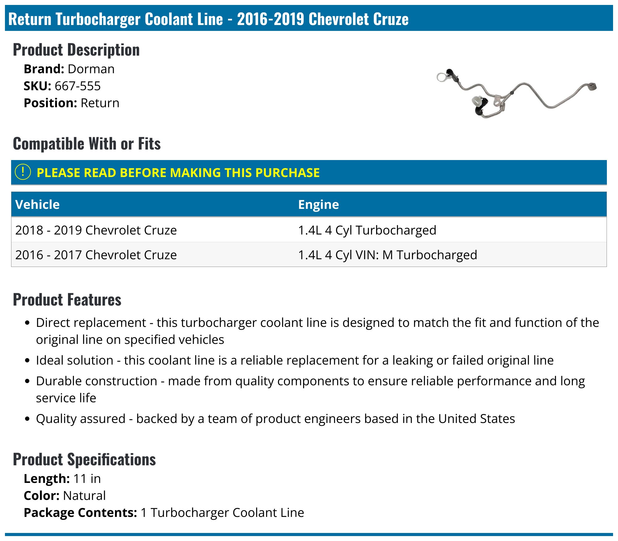 2016-2019 Chevrolet Cruze Turbocharger Coolant Line - Dorman 667-555 ...