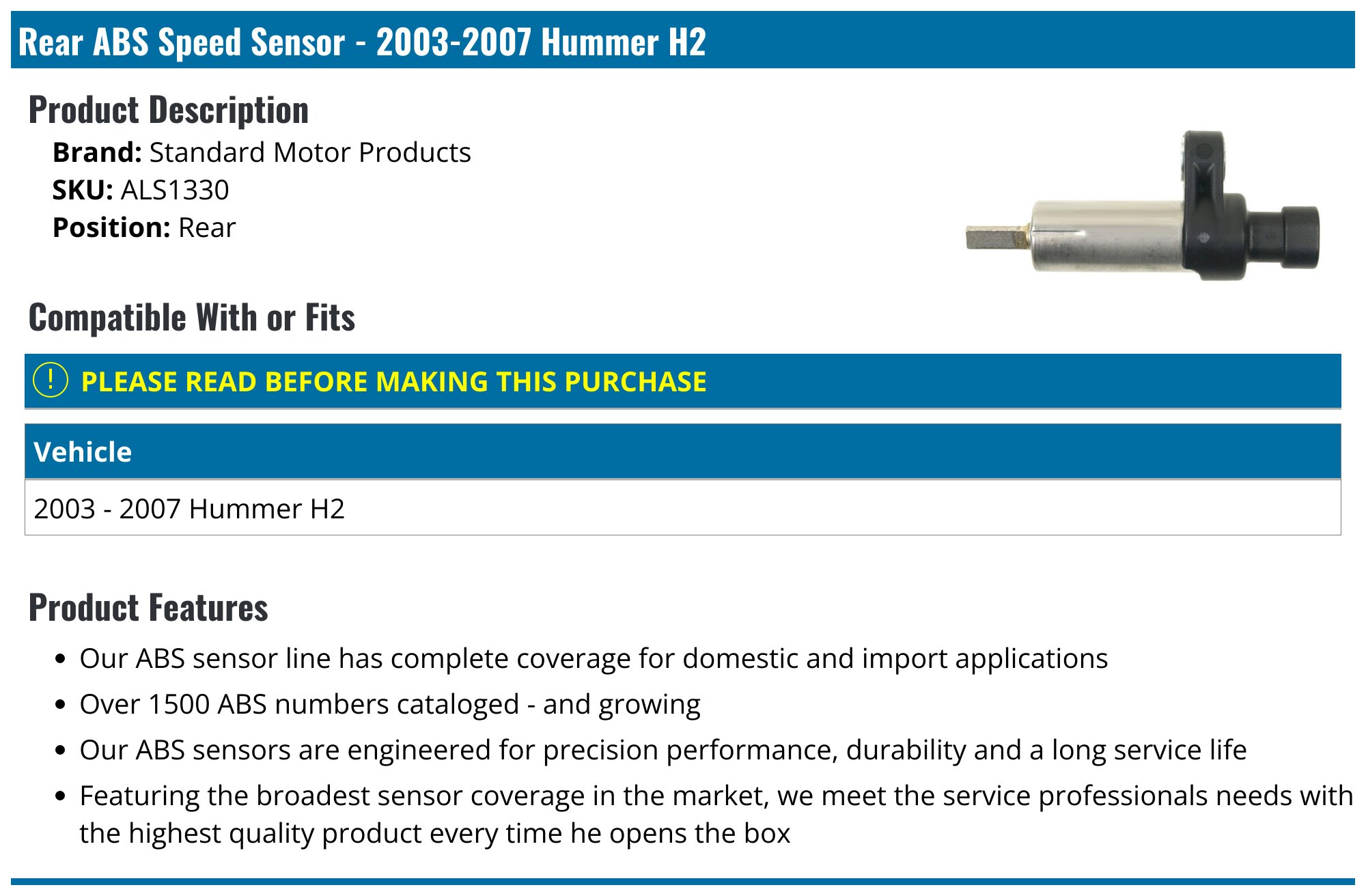 2003-2007 Hummer H2 ABS Speed Sensor - Standard Motor Products ALS1330 ...