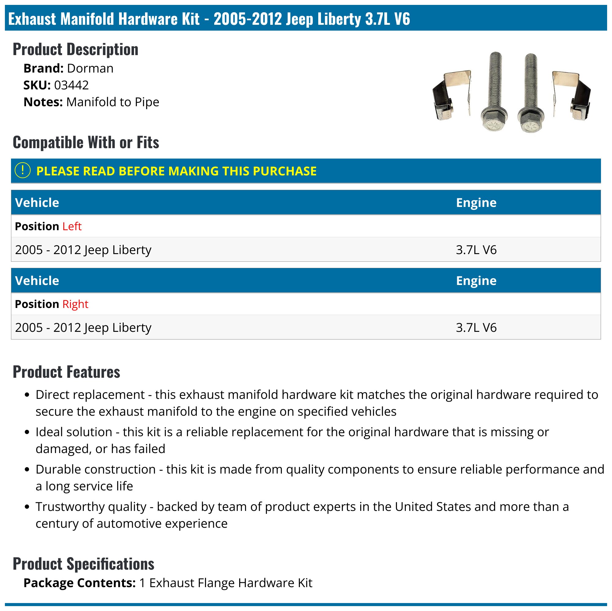 2005-2012 Jeep Liberty Exhaust Manifold - Dorman 03442 - Left ...